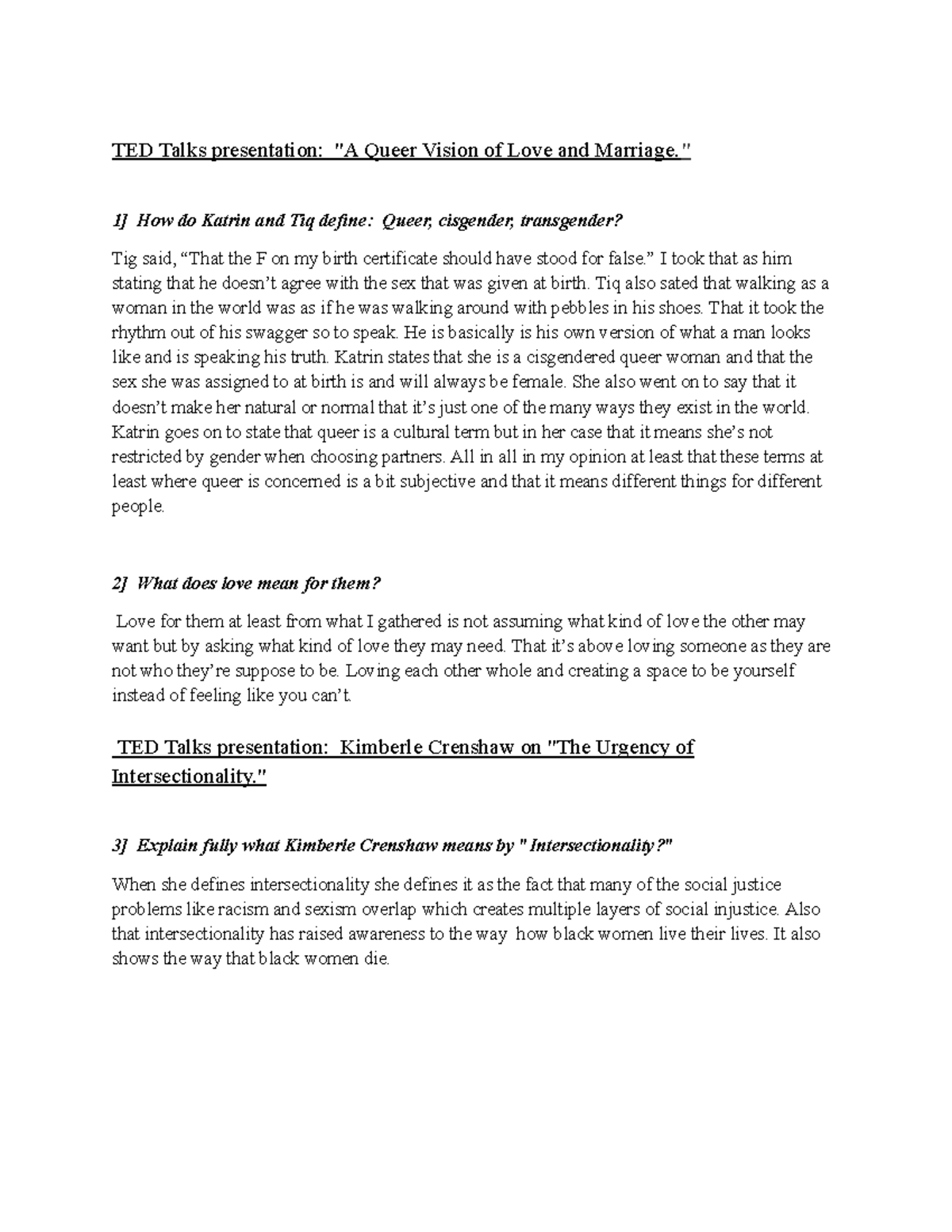 Video Quiz #2 - TED Talks presentation: "A Queer Vision of Love and ...