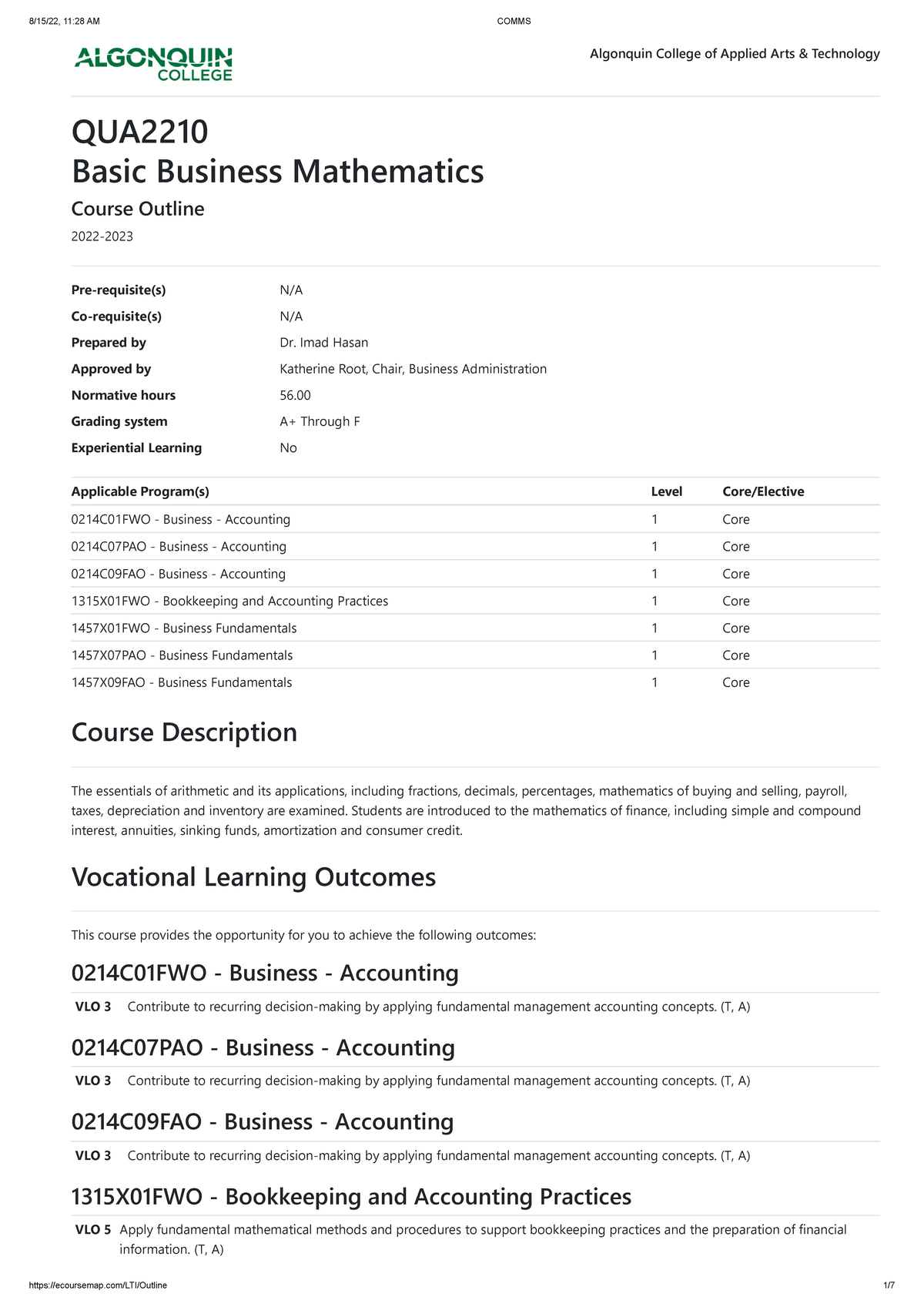 Course Outline for F22 - Business Mathematics - QUA Basic Business ...