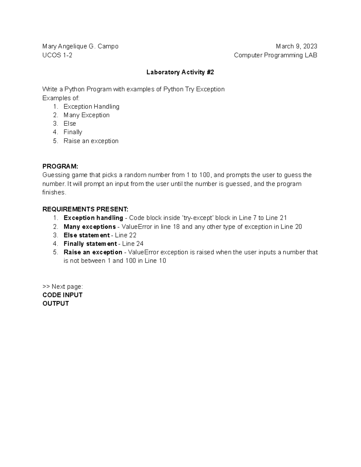 Laboratory Activity 2 - Mary Angelique G. Campo March 9, 2023 UCOS 1-2 Computer Programming LAB ...