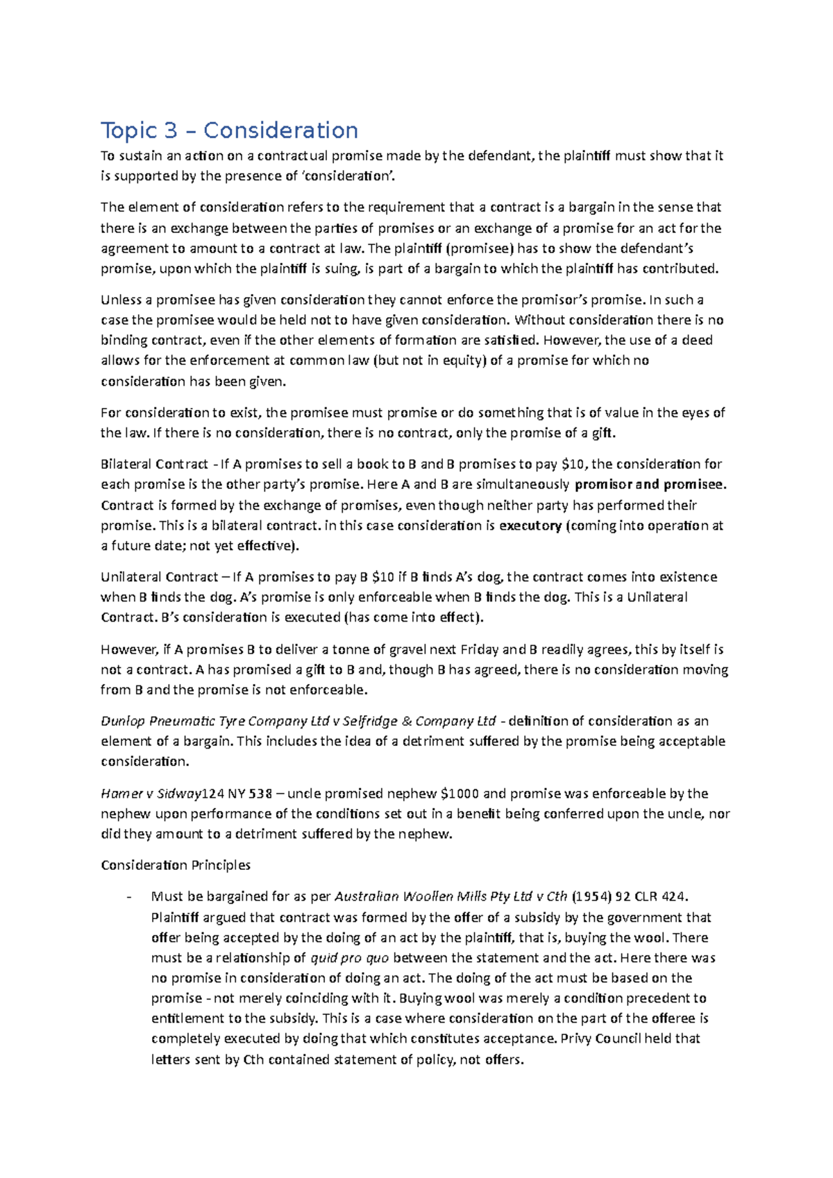 Topic 3 - Topic 3 – Consideration To sustain an action on a contractual ...