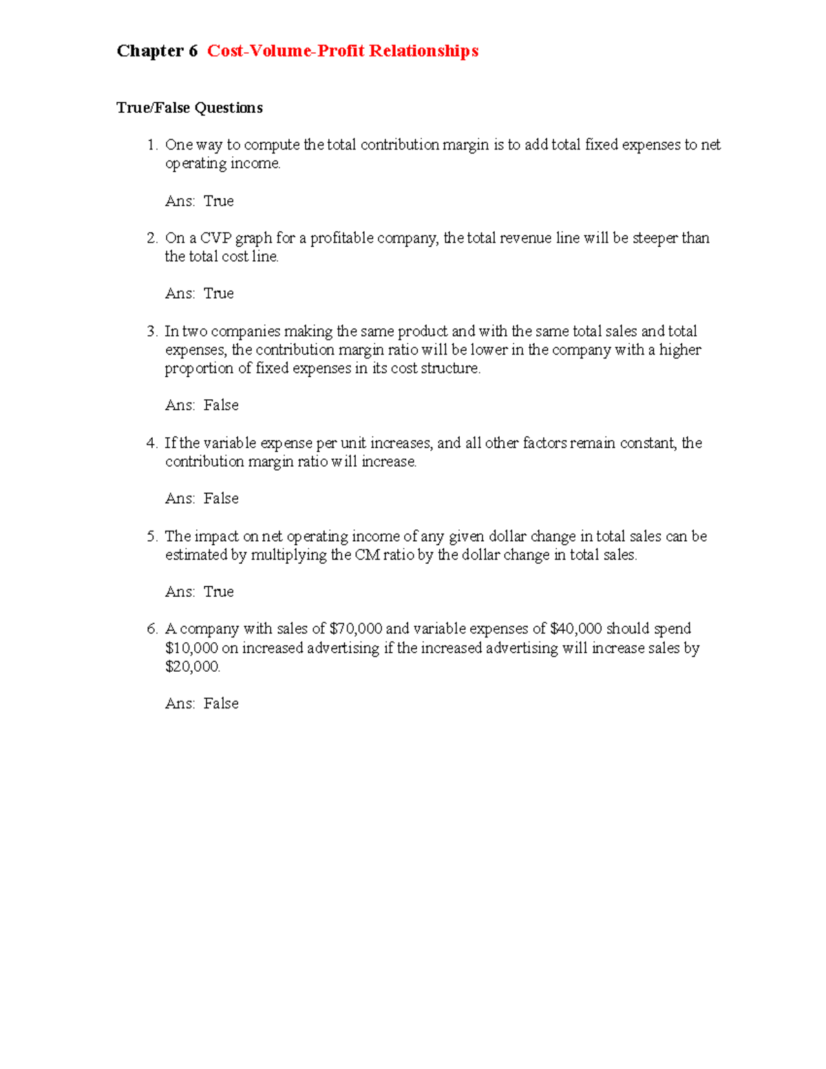 Ch06 Cost Volume Profit Relationships Chapter 6 Cost Volume Profit