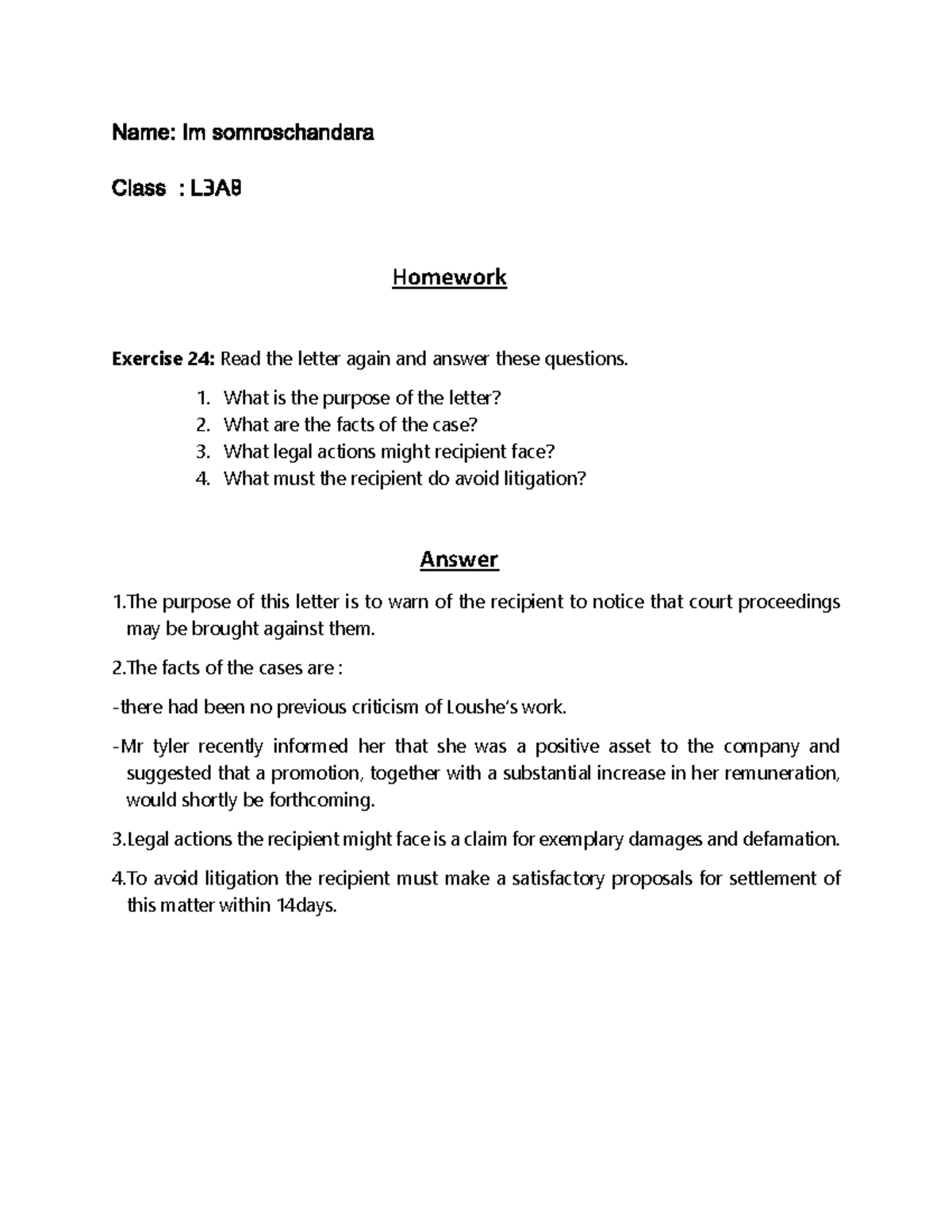 Homework - Summary English law - Name: Im somroschandara Class : L3A ...