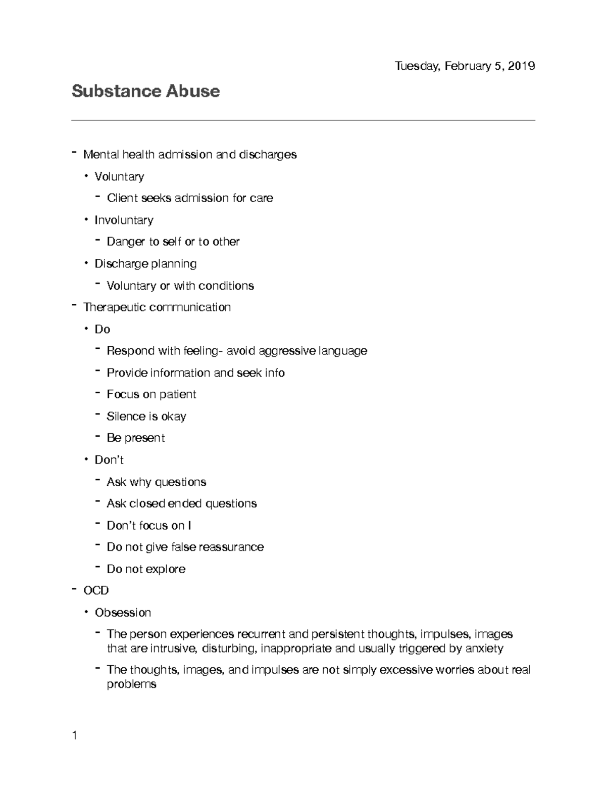 Mental Health Notes - Rickeard - Tuesday, February 5, 2019 Substance ...