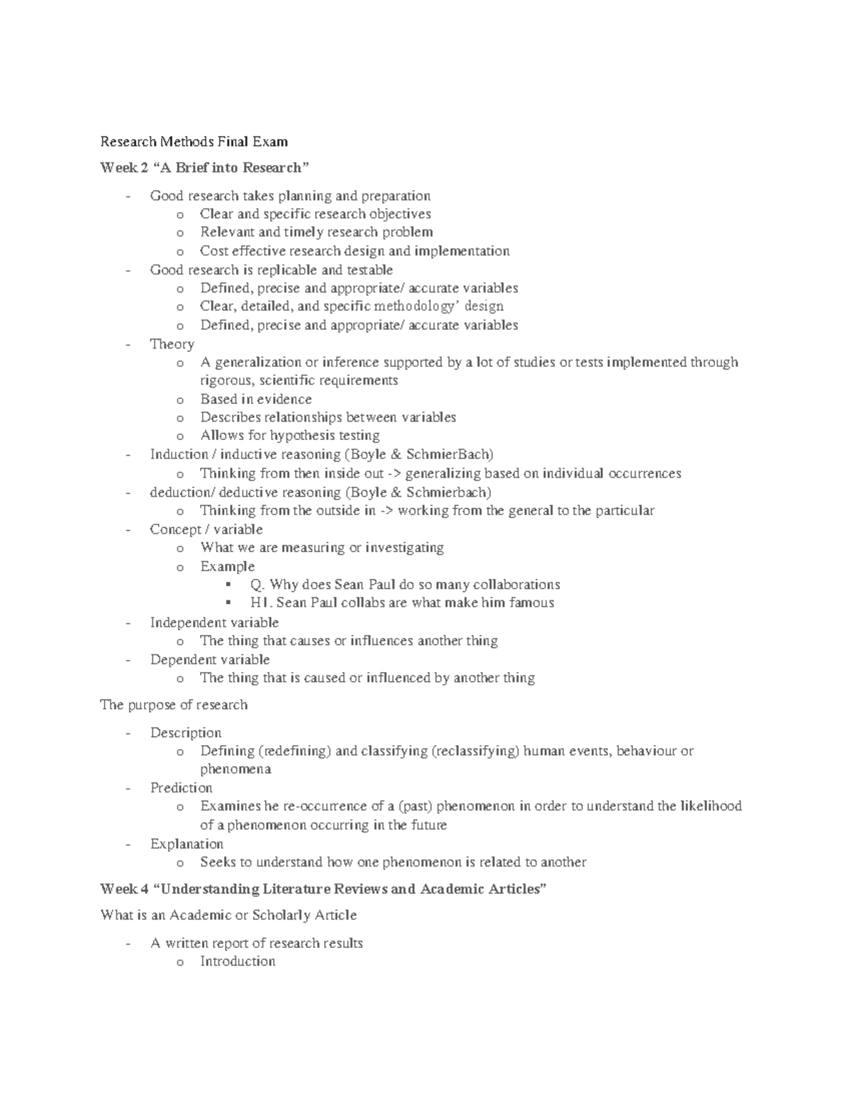 Research Methods Notes - Research Methods Final Exam Week 2 “A Brief ...