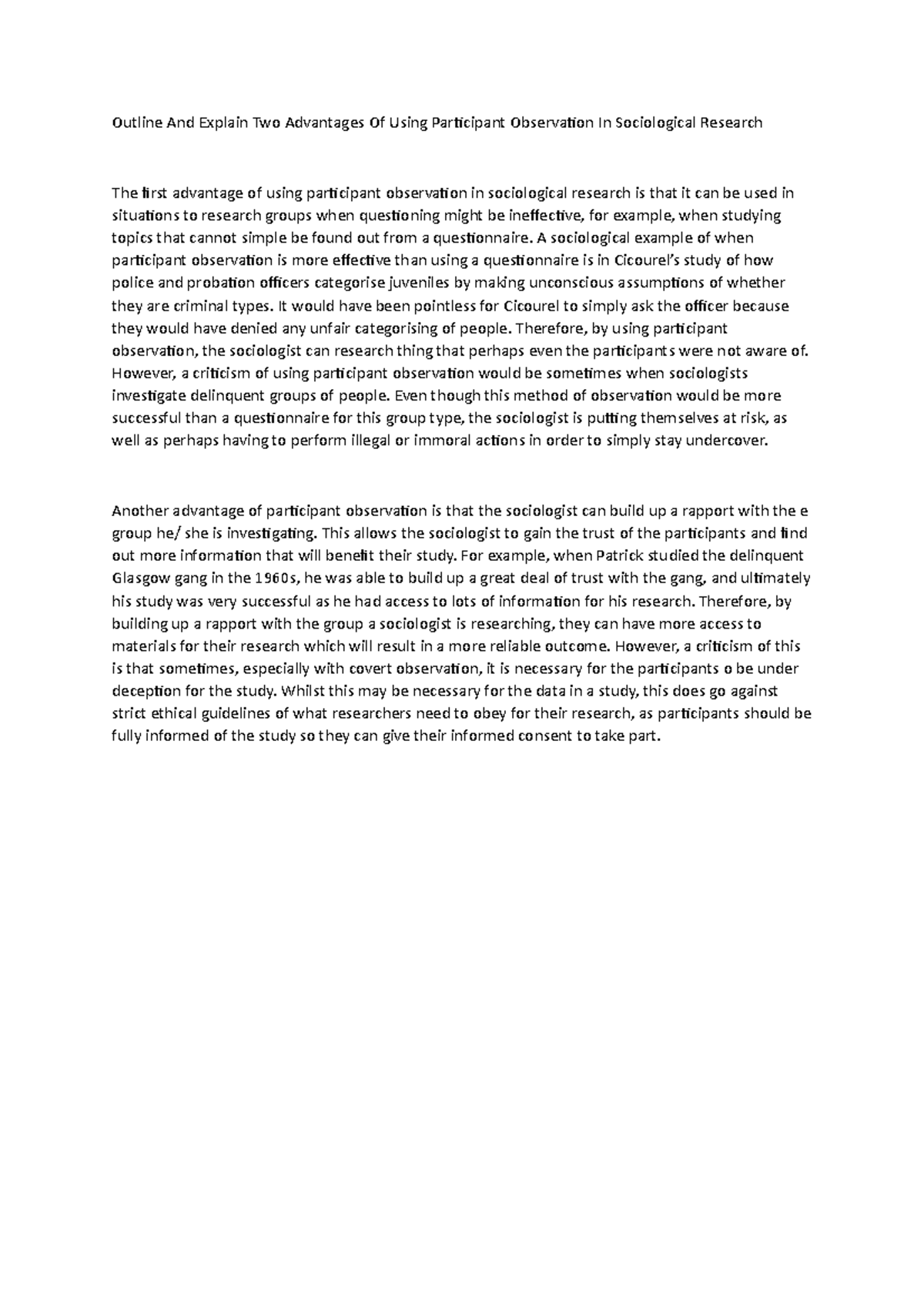 10m essay on participant observation - Outline And Explain Two ...