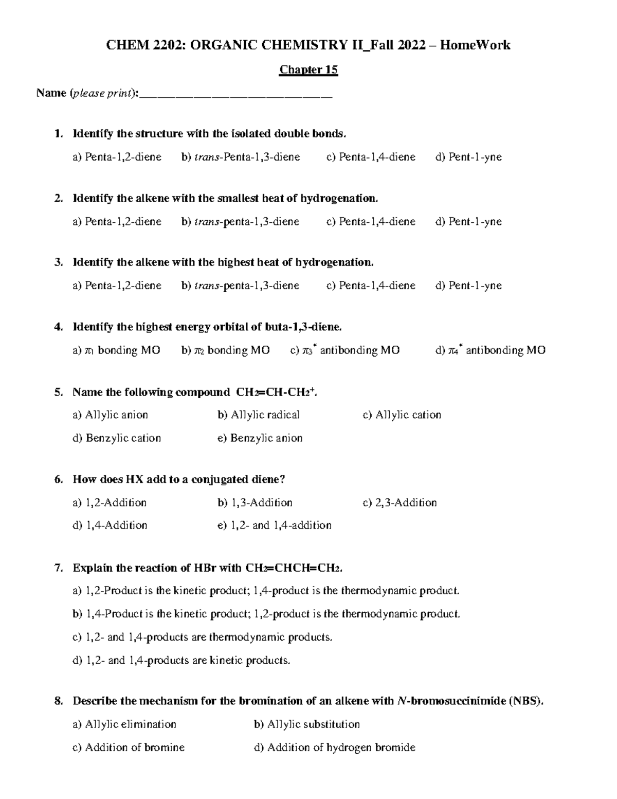 CHEM 2202 FALL 2022 - Home Work chapter 15 questions - CHEM 2202 ...