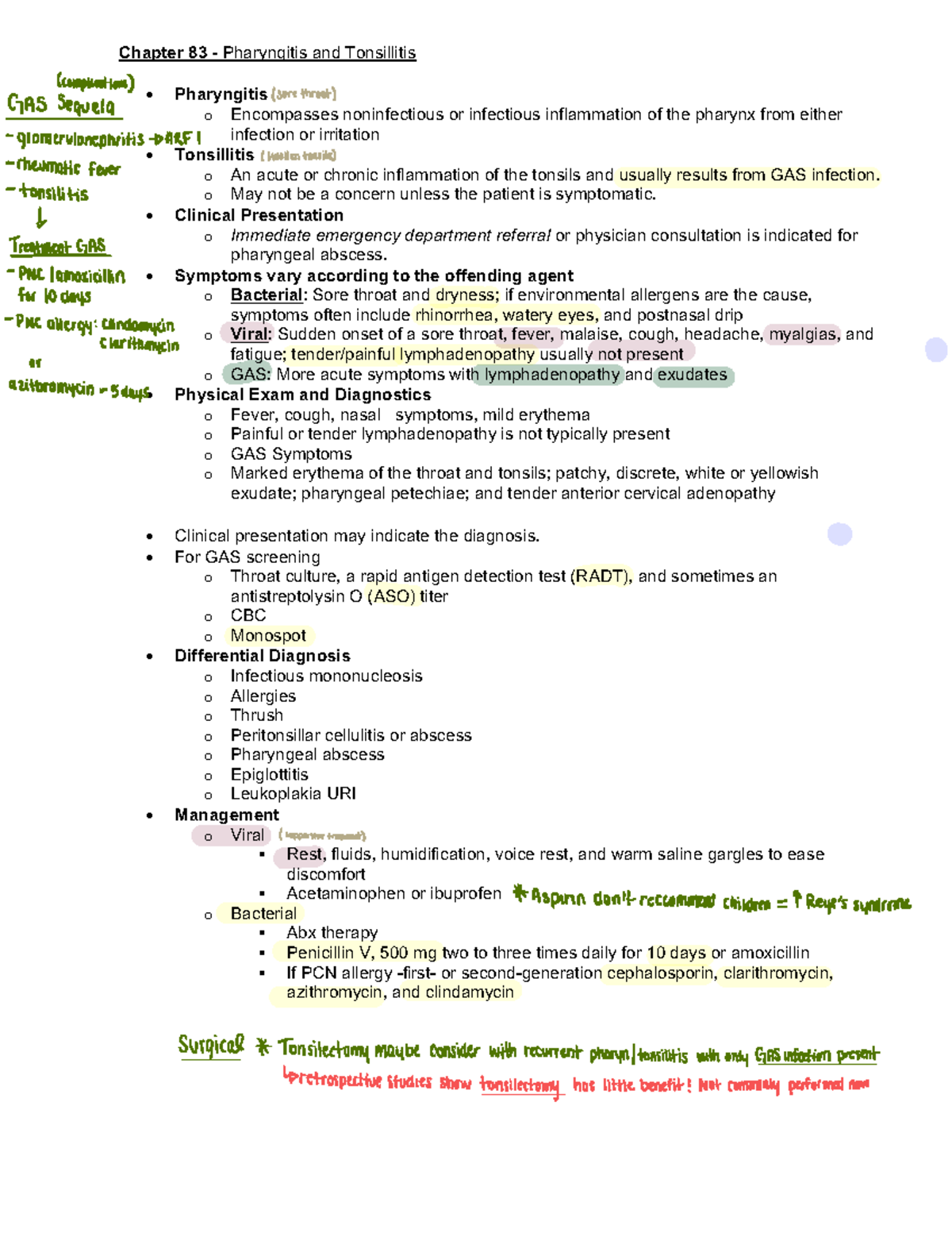 Tonsillitis - Exam 2 Answers are in the margins - Chapter 83 ...