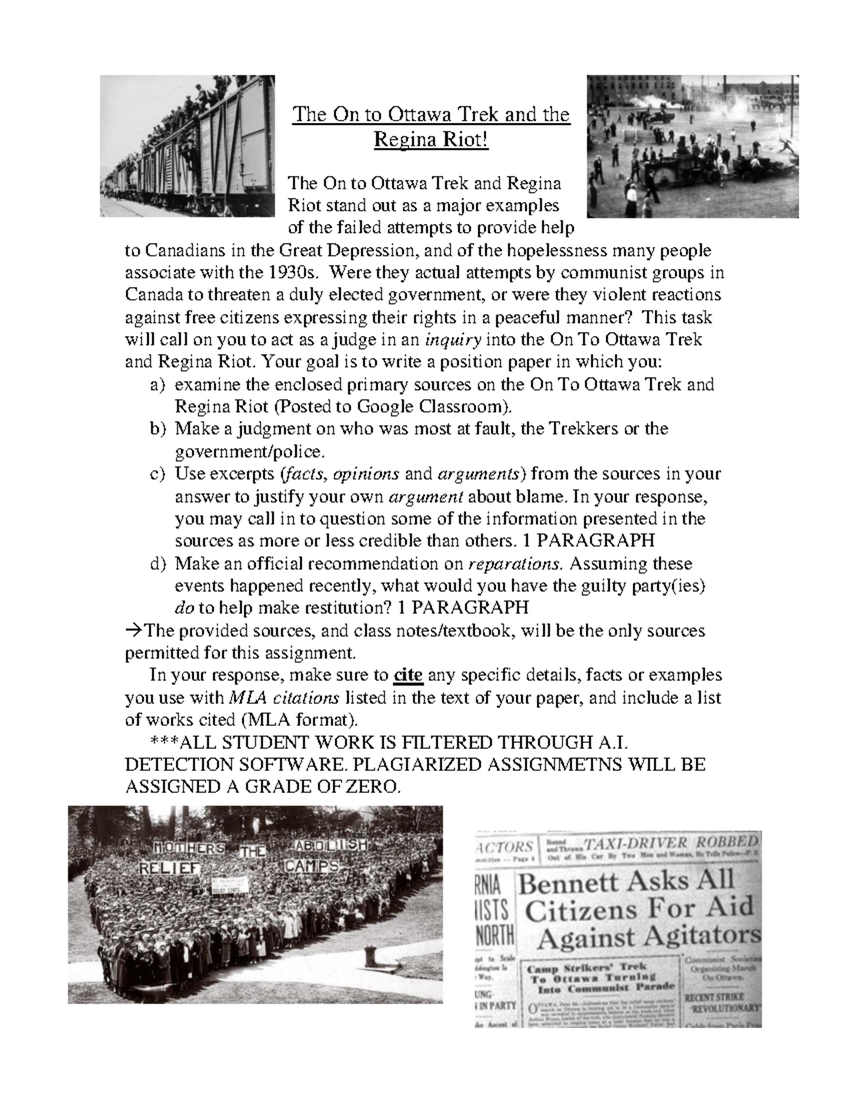 Answers to assignment - The On to Ottawa Trek and the Regina Riot! The ...