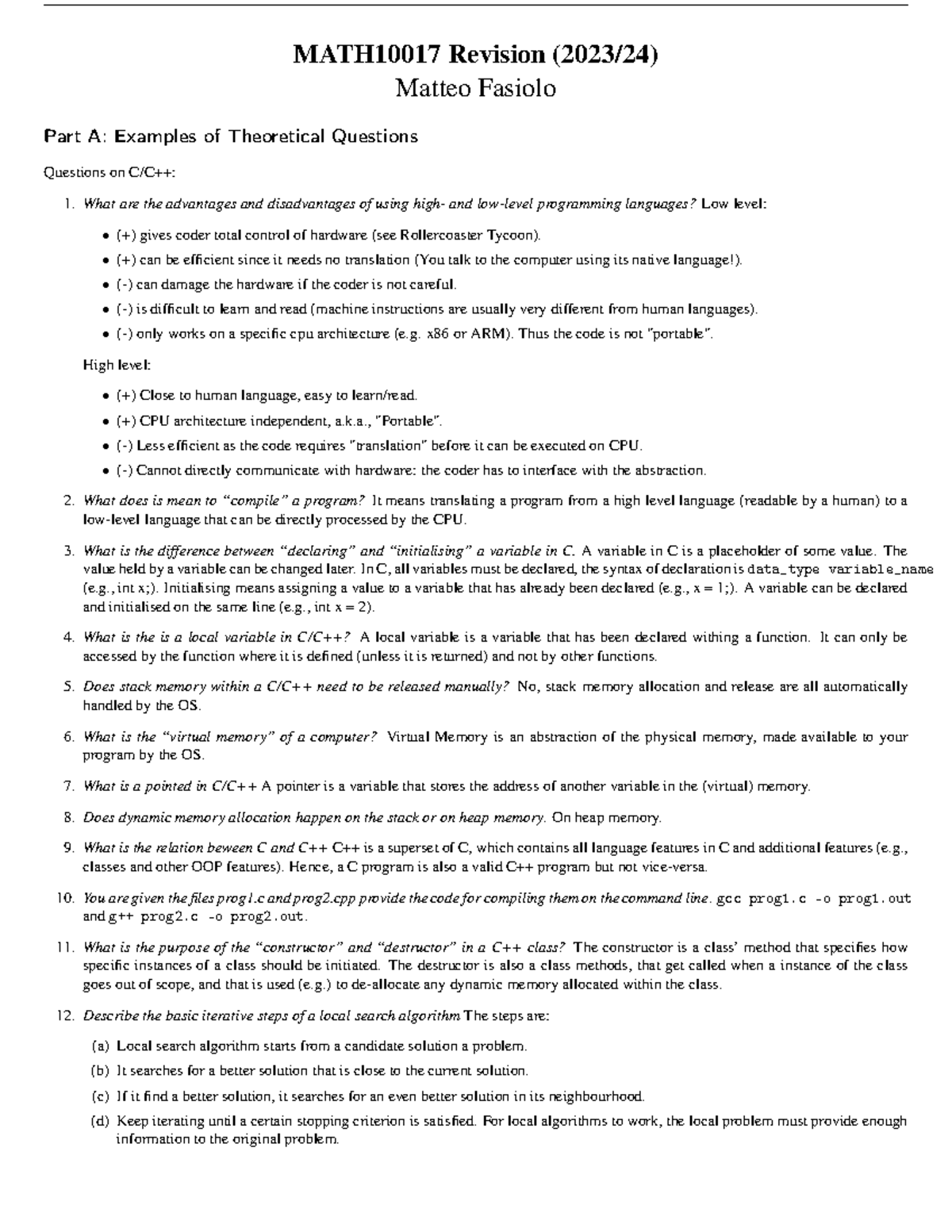 Revision - 222222222 - MATH10017 Revision (2023/24) Matteo Fasiolo Part ...