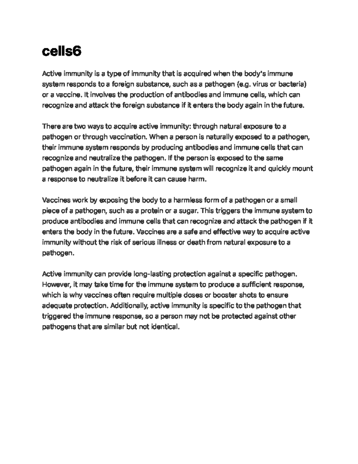 Cells 6 - Notes - c e l l s 6 Active immunity is a type of immunity ...