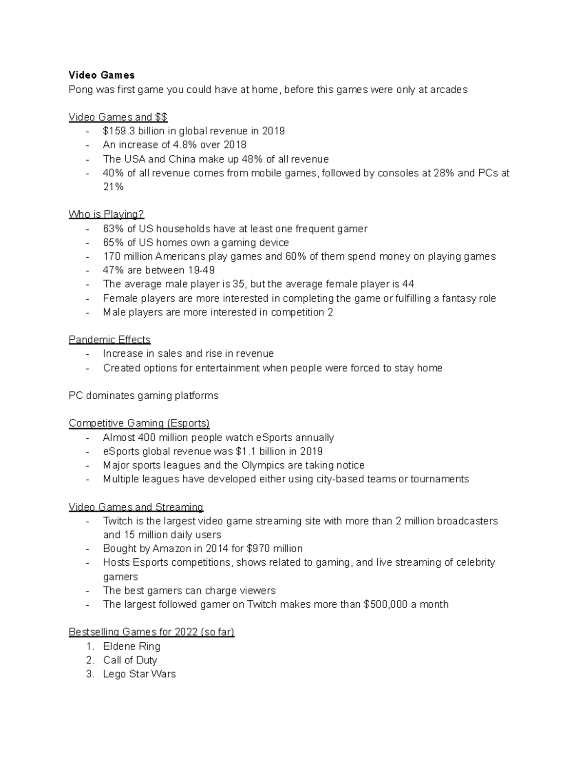 MIS Video Games - Lecture notes, JTC100. - Video Games Pong was first ...