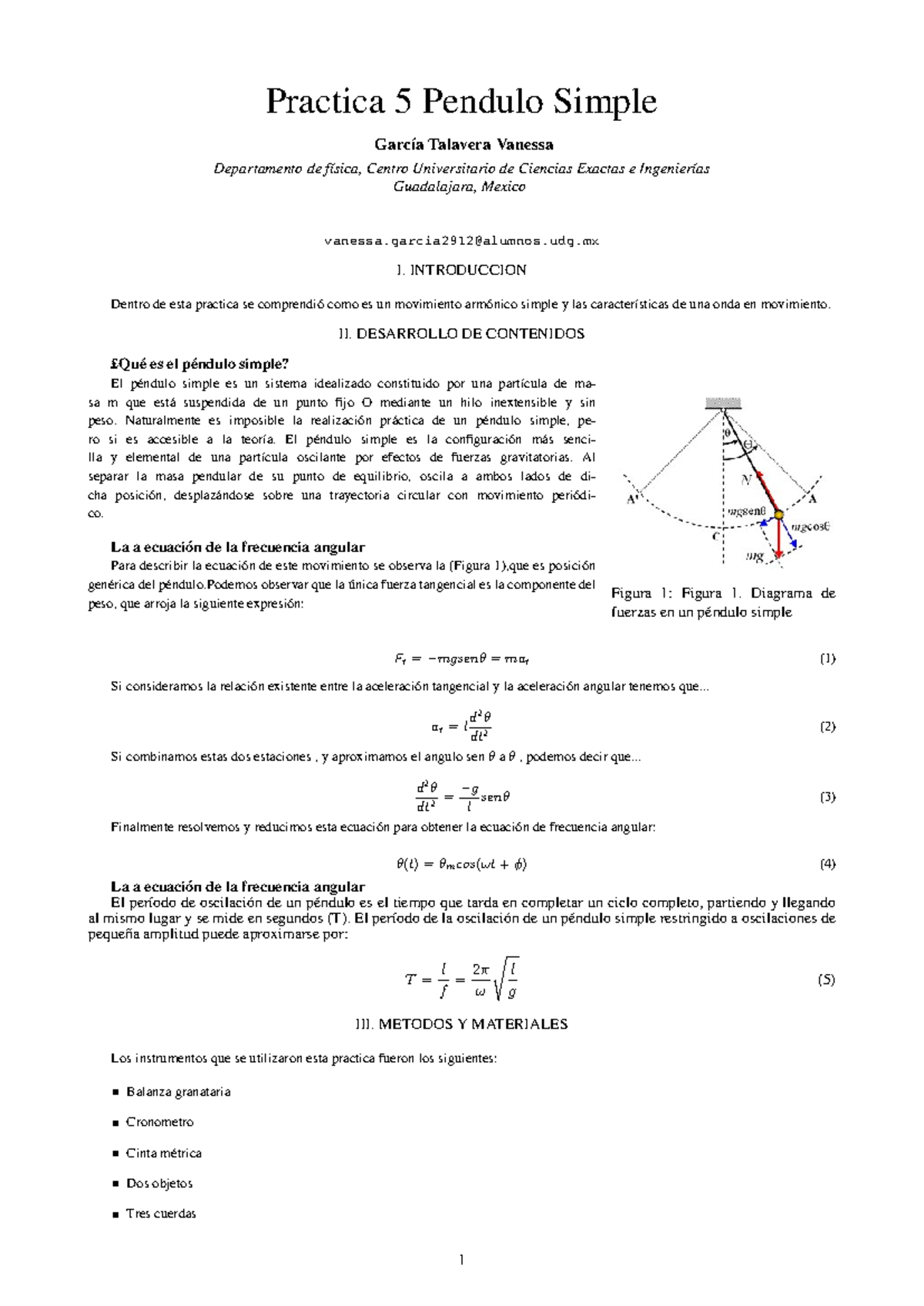 Pendulo Simple - Practica de laboratorio - Practica 5 Pendulo Simple García Talavera Vanessa ...