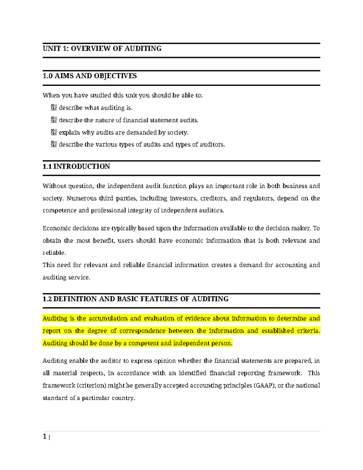 UNIT 1 Auditing - 1 | UNIT 1: OVERVIEW OF AUDITING 1 AIMS AND OBJECTIVES When you have studied ...