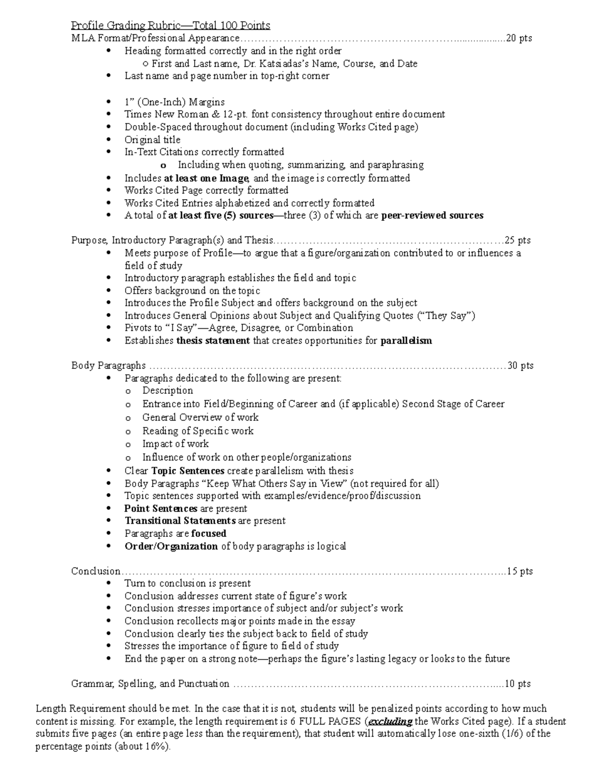 Profile Project Grading Rubric - Profile Grading Rubric— Total 100 ...