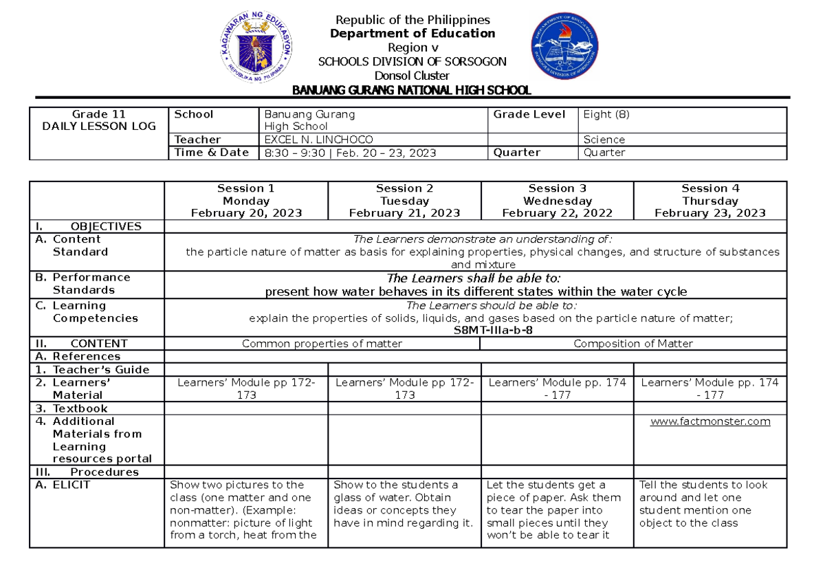 DLL Science 8, Q3 week 1 - Republic of the Philippines Department of Education Region v SCHOOLS ...