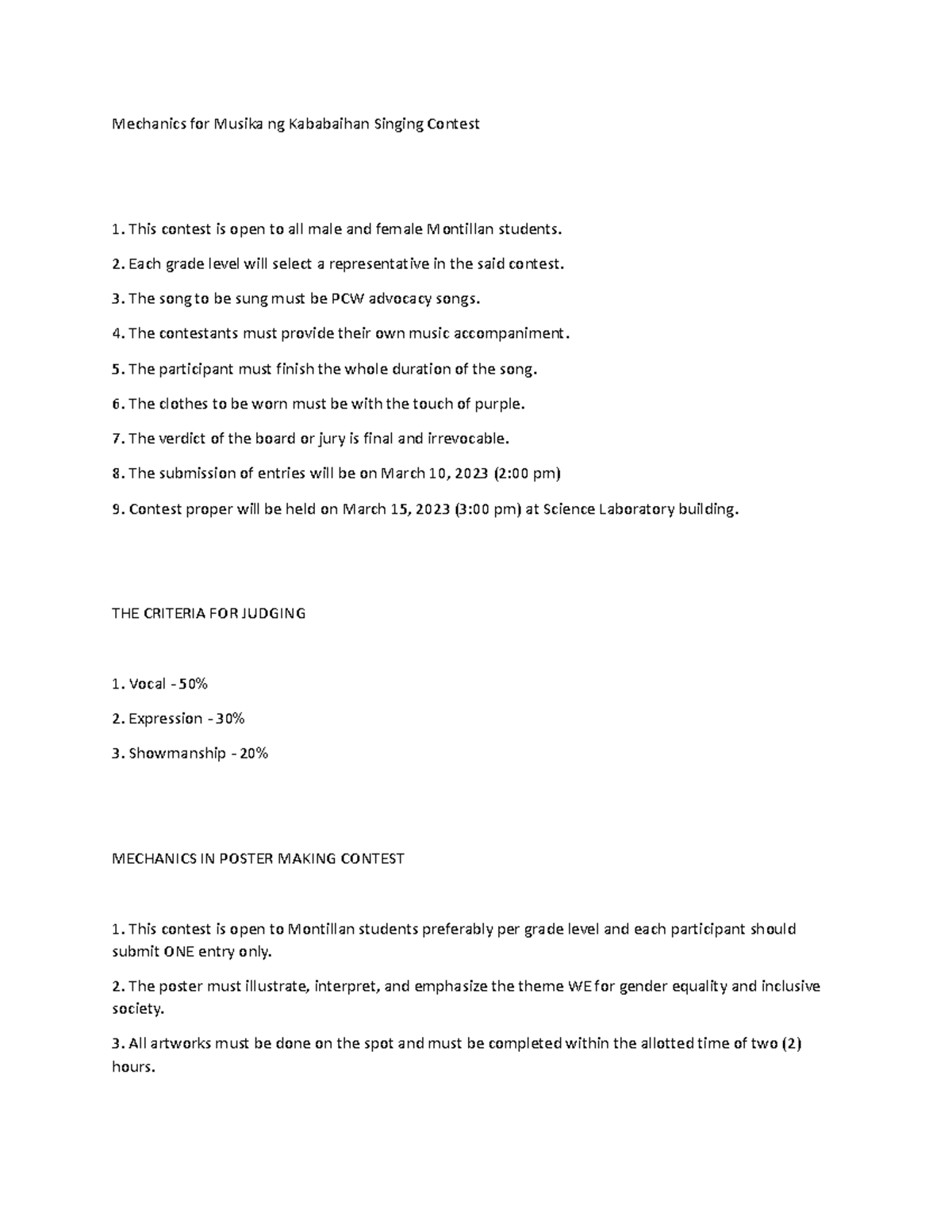 Mechanics for Musika ng Kababaihan Singing Contest - Each grade level ...