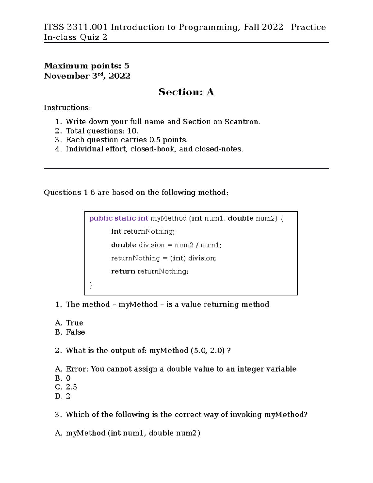 Practice for Quiz 2 - In-class Quiz 2 Maximum points: 5 November 3rd ...