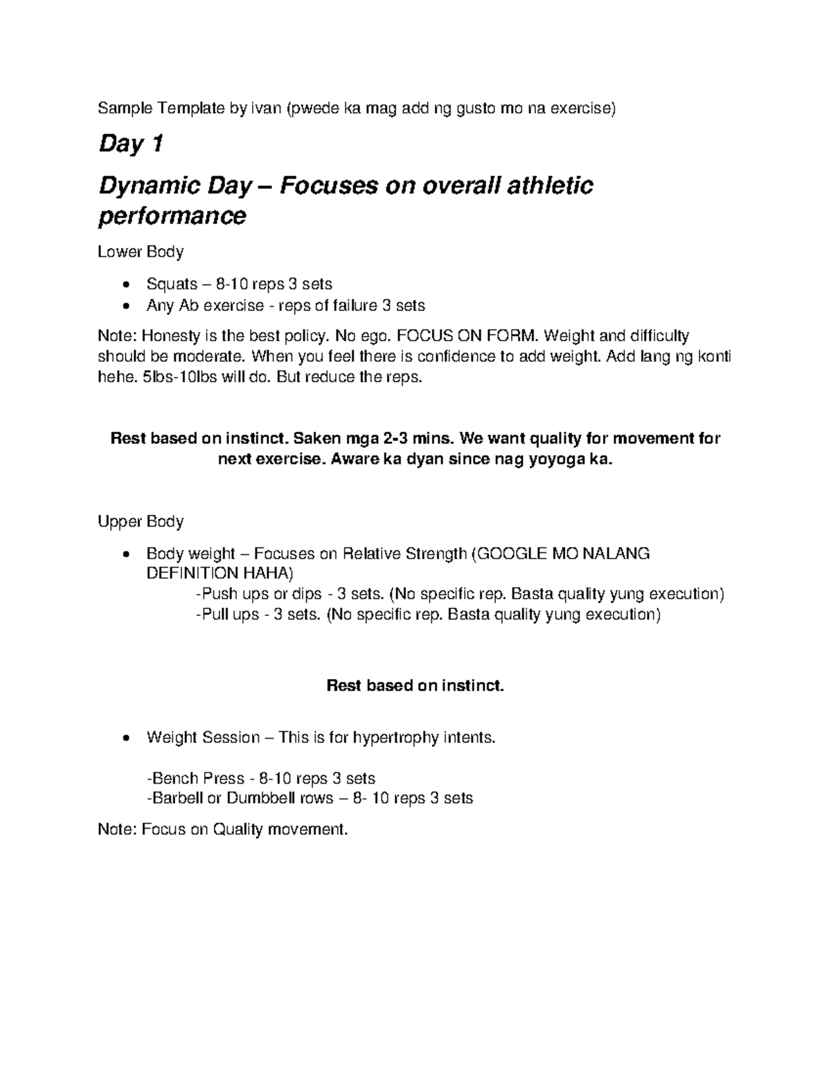 Sample Template by vain for workout and overall performance. Specific ...
