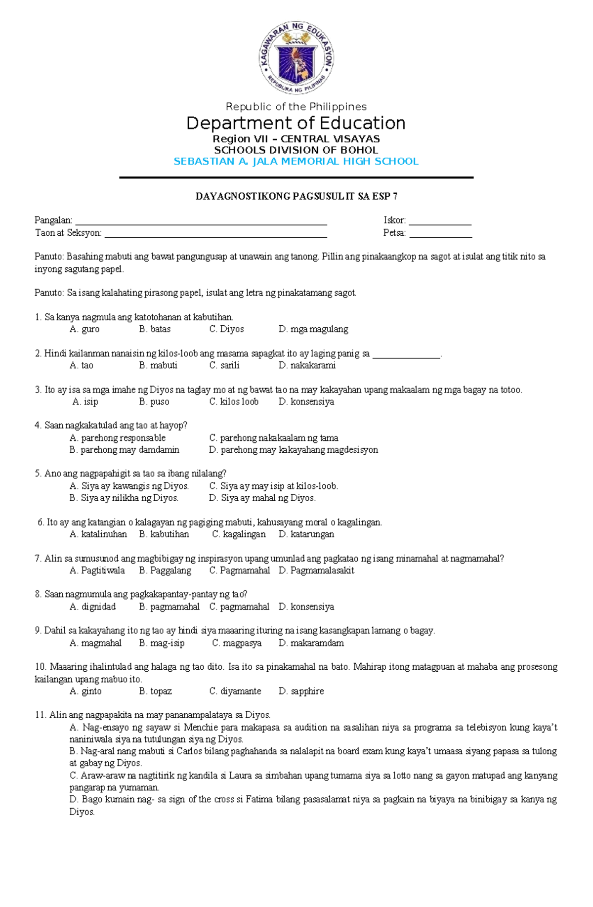ESP 7 - Based on MATATAG CURRICULUM - Republic of the Philippines ...