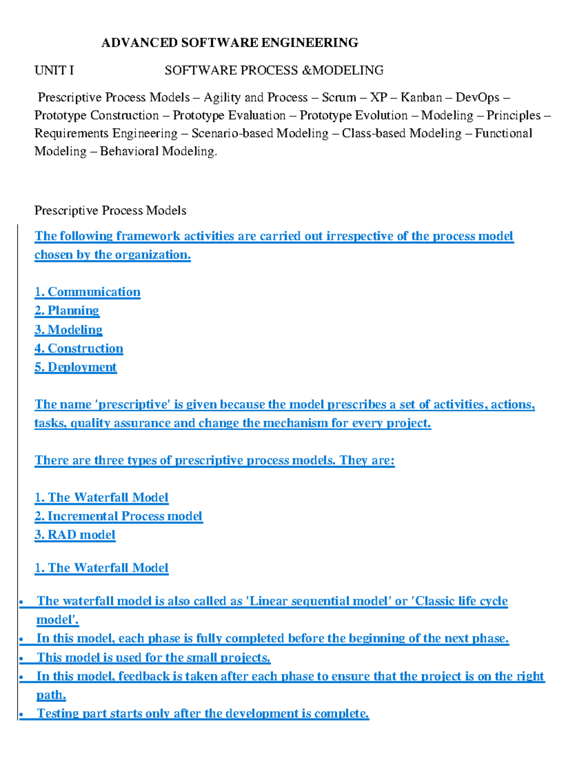 SE notes - ADVANCED SOFTWARE ENGINEERING UNIT I SOFTWARE PROCESS ...