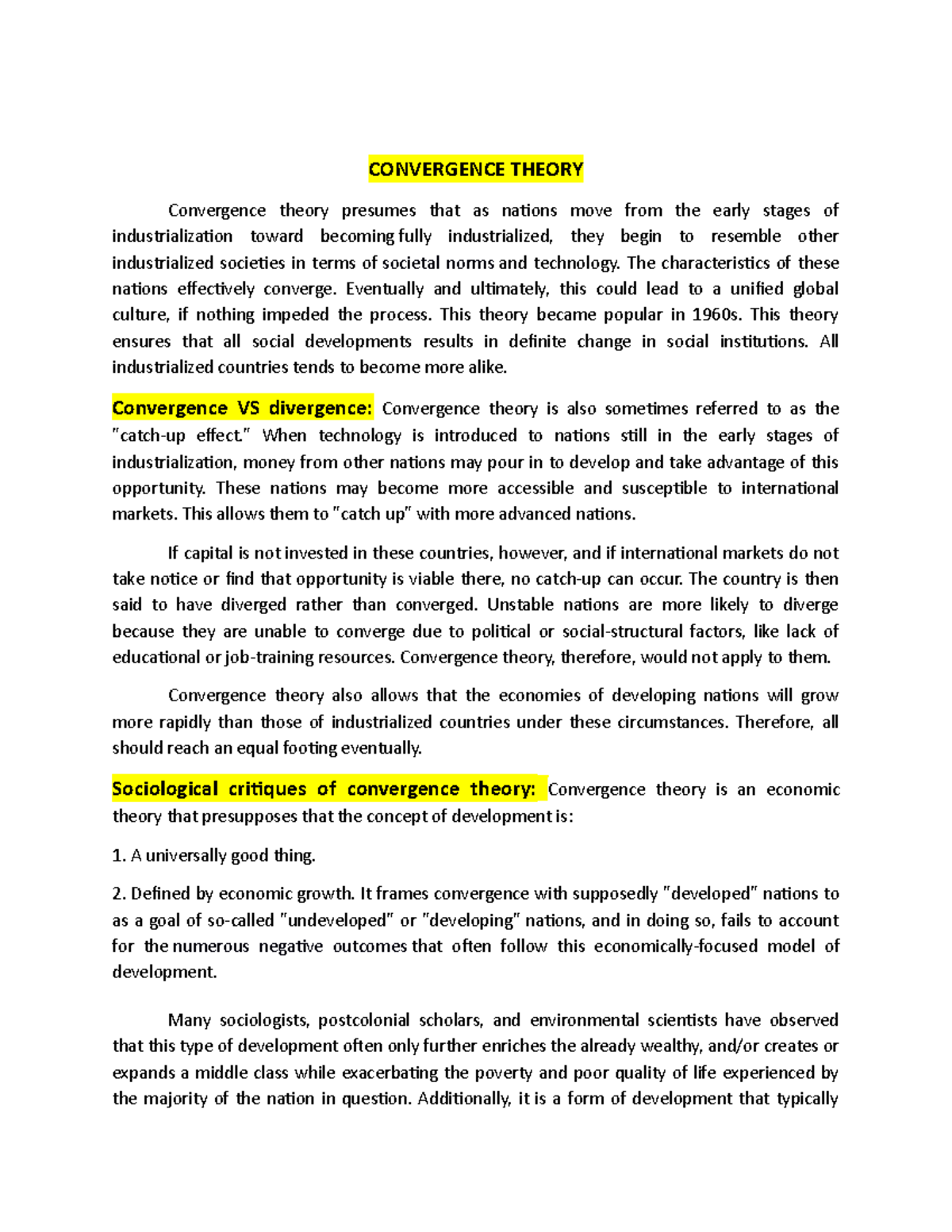 Industrial sociology - Lecture notes 3-7 - CONVERGENCE THEORY ...