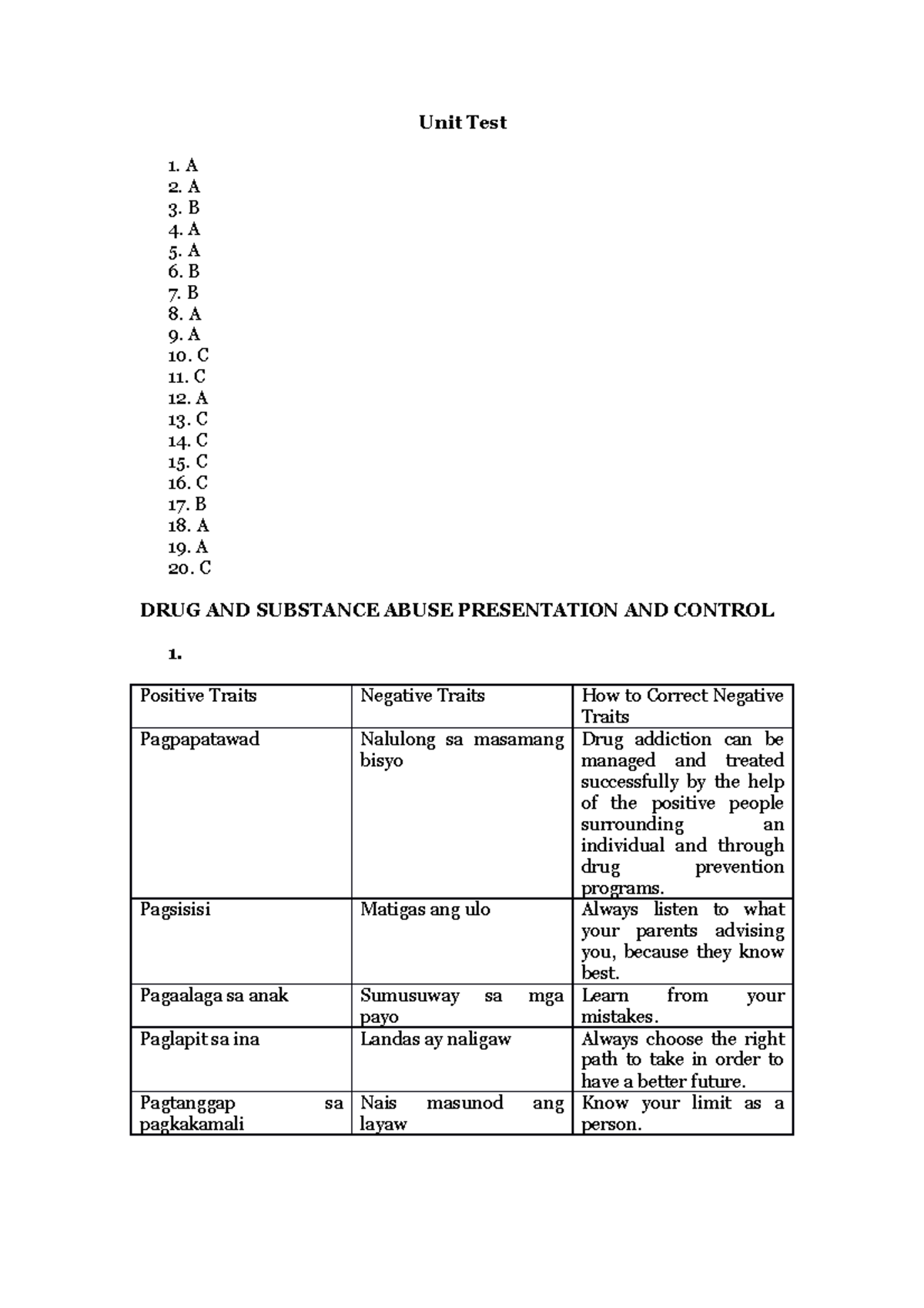 NSTP, Unit Test - ANSWER TO UNIT TEST MODULE - Unit Test A A B A A B B ...