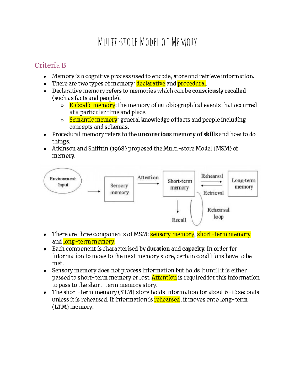 Msm-note-taking - Multi-store Model of Memory Criteria B Memory is a ...