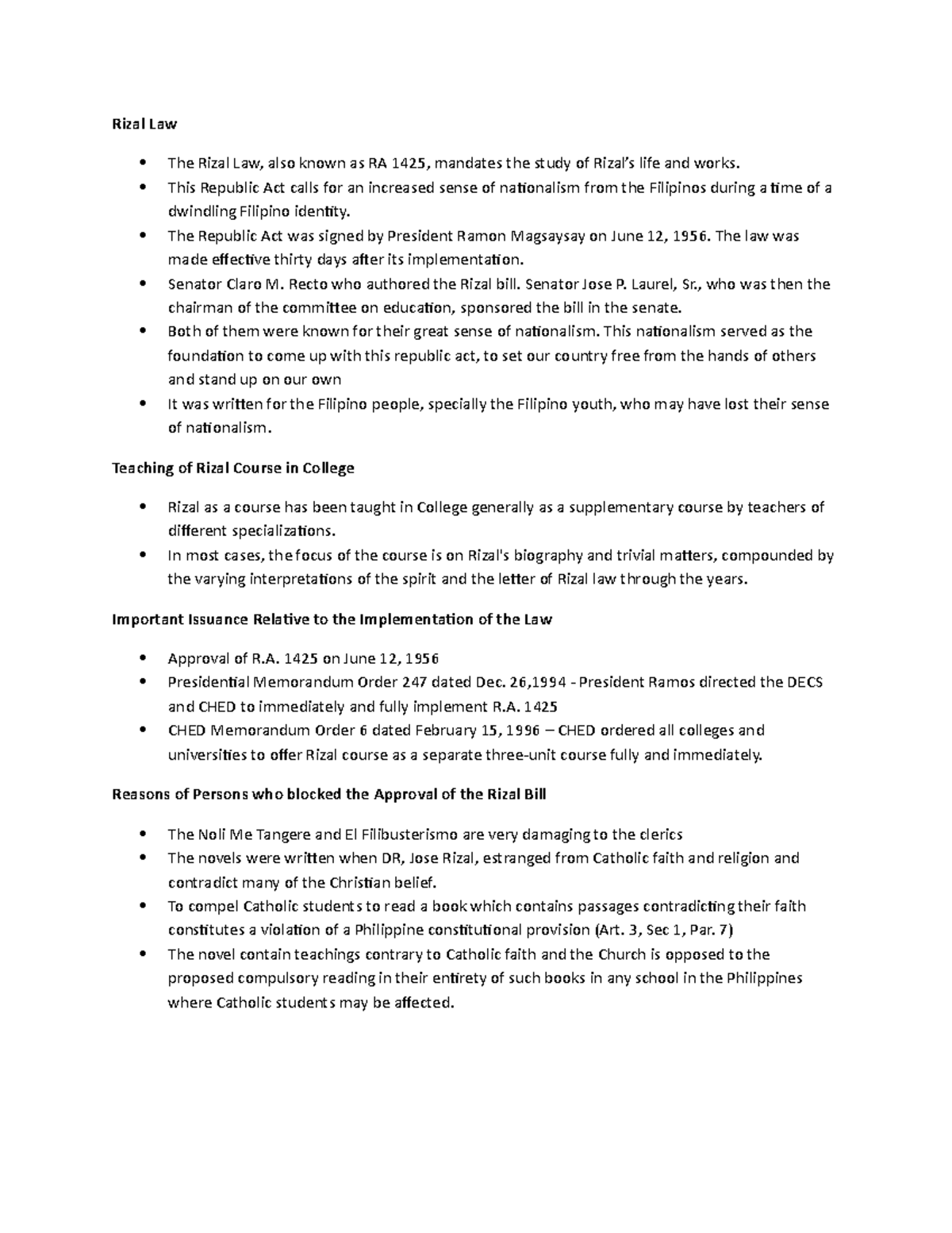 Rizal Law Notes - Rizal Law The Rizal Law, also known as RA 1425 ...