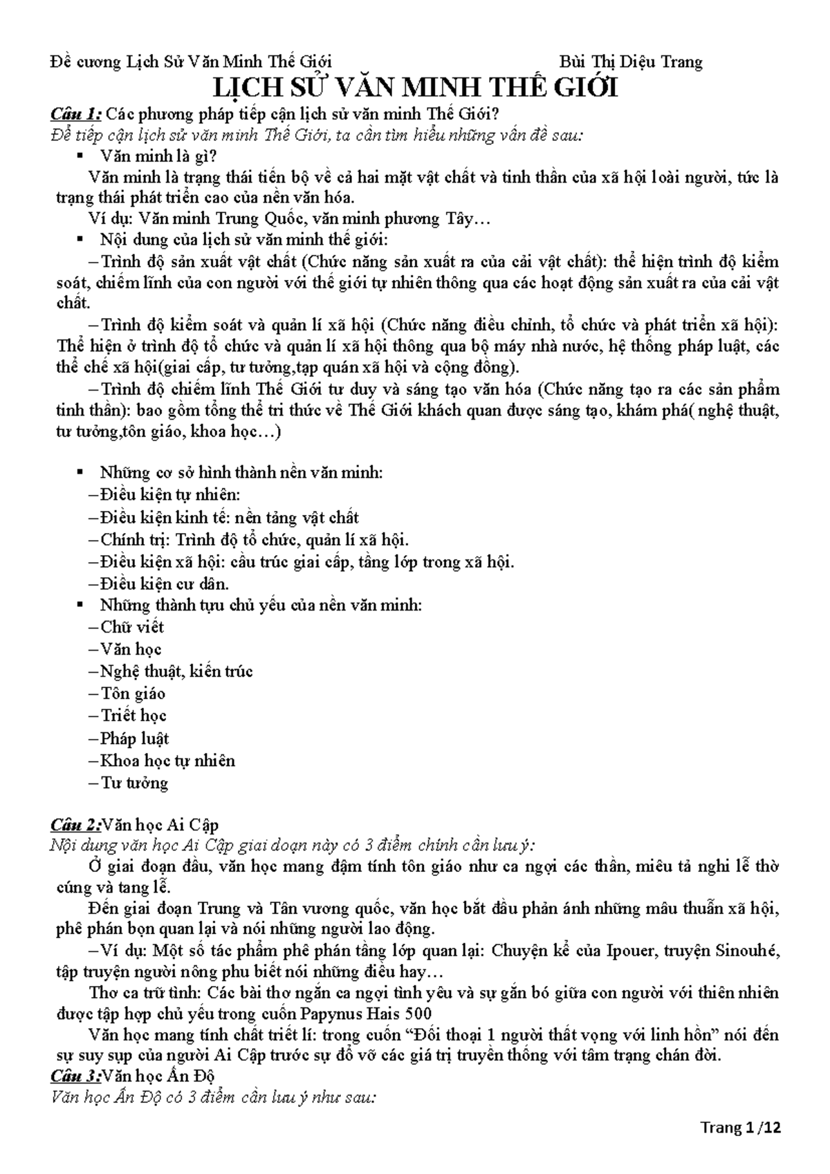 de-cuong-lich-su-van-minh-tg-dh-khxh-va-nv - LỊCH SỬ VĂN MINH THẾ GIỚI Câu 1: Các phương pháp ...