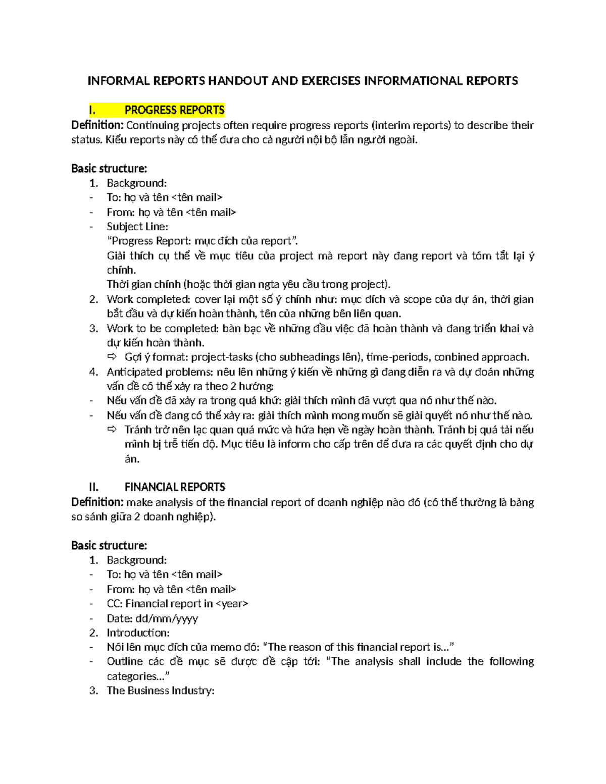 Ôn tập thi cuối kỳ Reports - INFORMAL REPORTS HANDOUT AND EXERCISES ...