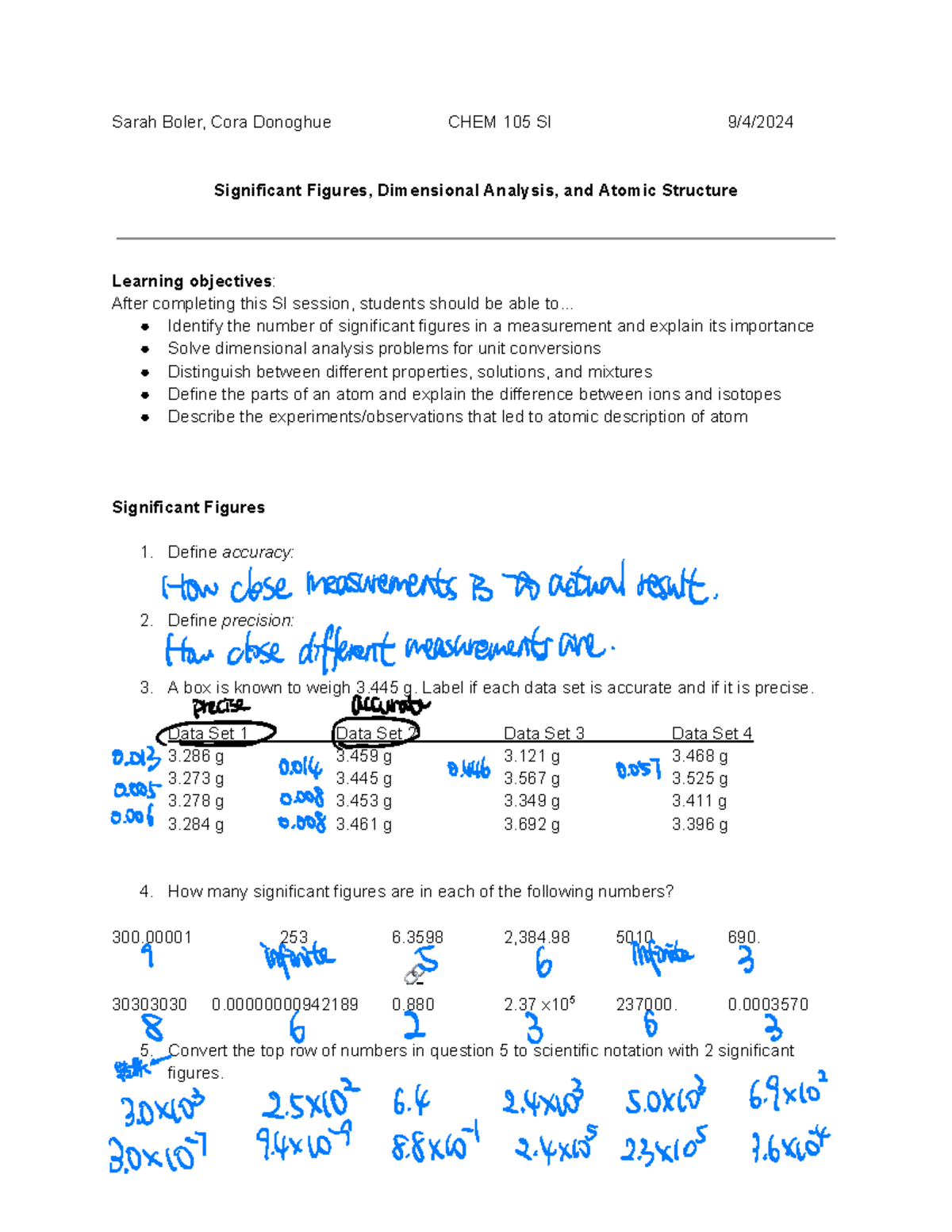 9.4.24 CHEM 105 (1) - SI assignments. - Sarah Boler, Cora Donoghue CHEM ...
