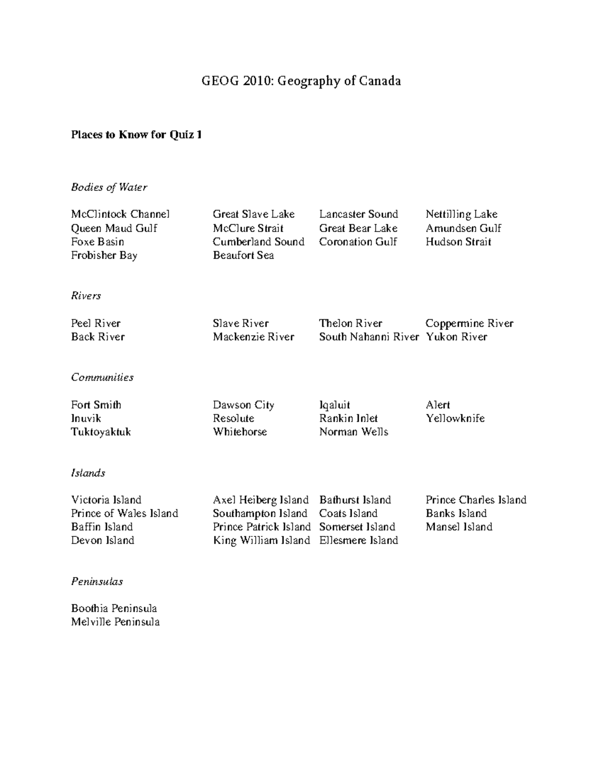 Quiz 1 Places to Know - hihihi - GEOG 2010: Geography of Canada Places ...