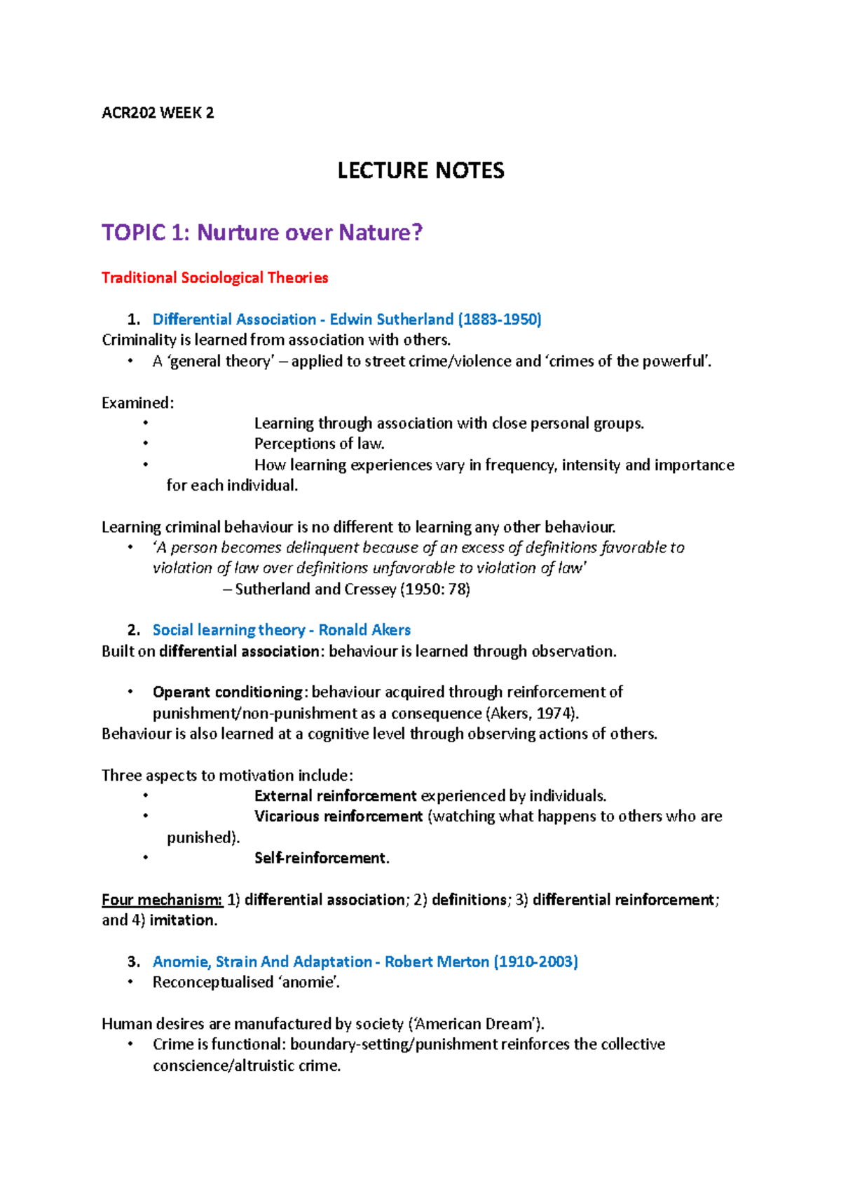 W2 - Nurture over Nature - ACR202 WEEK 2 LECTURE NOTES TOPIC 1: Nurture ...