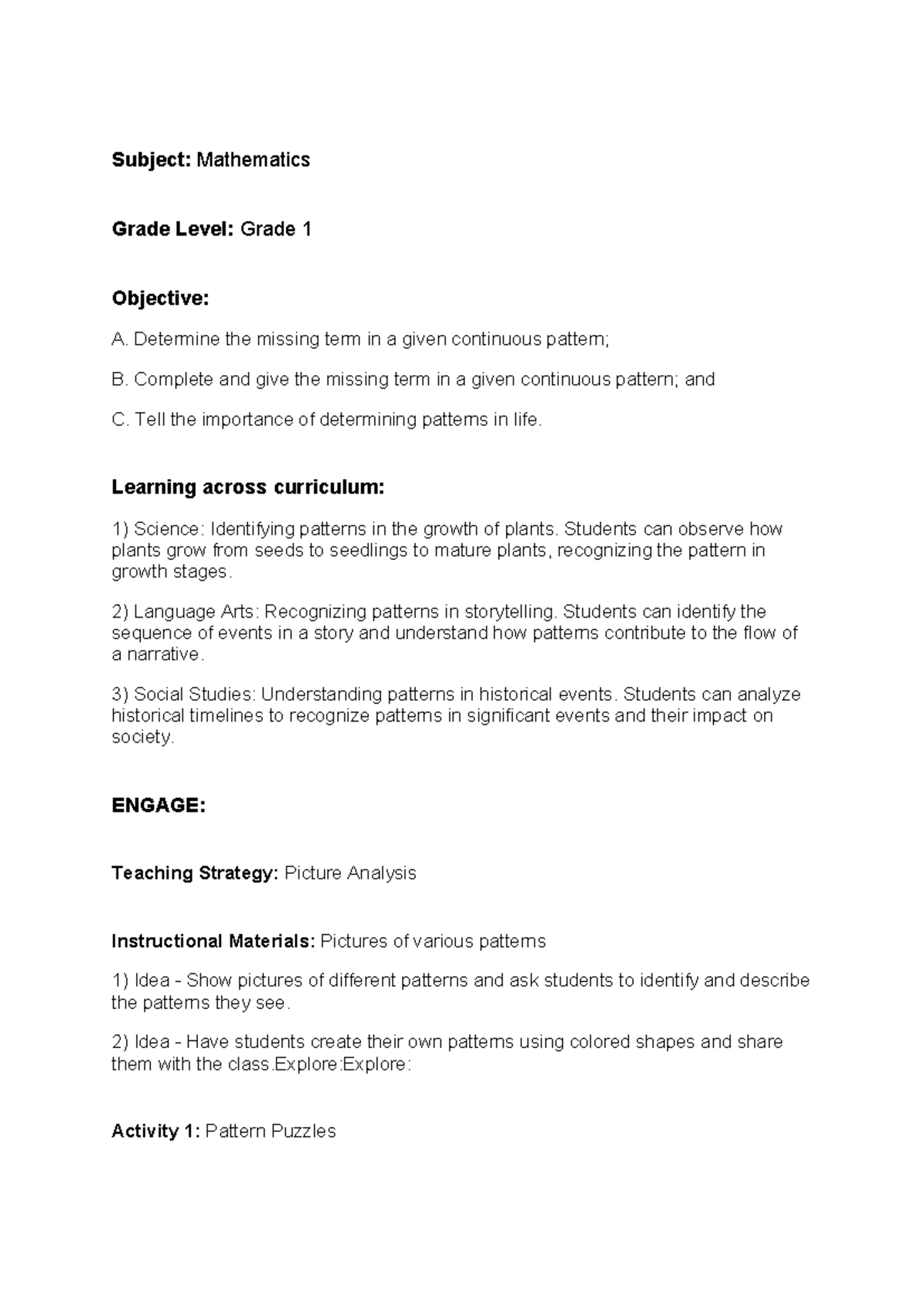 Lesson plan - Subject: Mathematics Grade Level: Grade 1 Objective: A ...