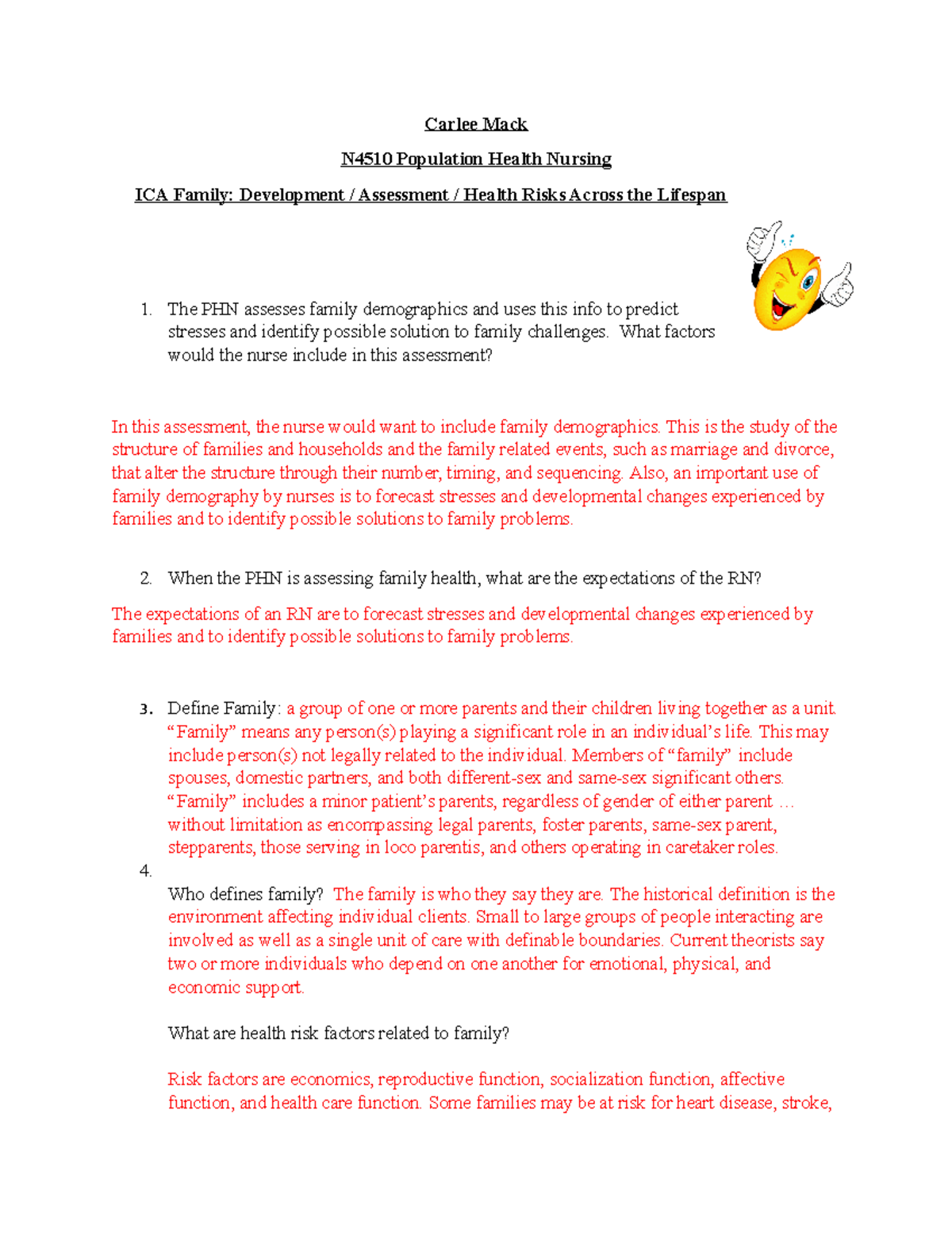 ICA Family Document - Carlee Mack N4510 Population Health Nursing ICA ...