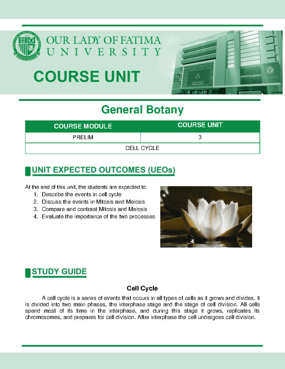 Course Unit 3 - Cell Cycle - General Botany COURSE MODULE COURSE UNIT ...