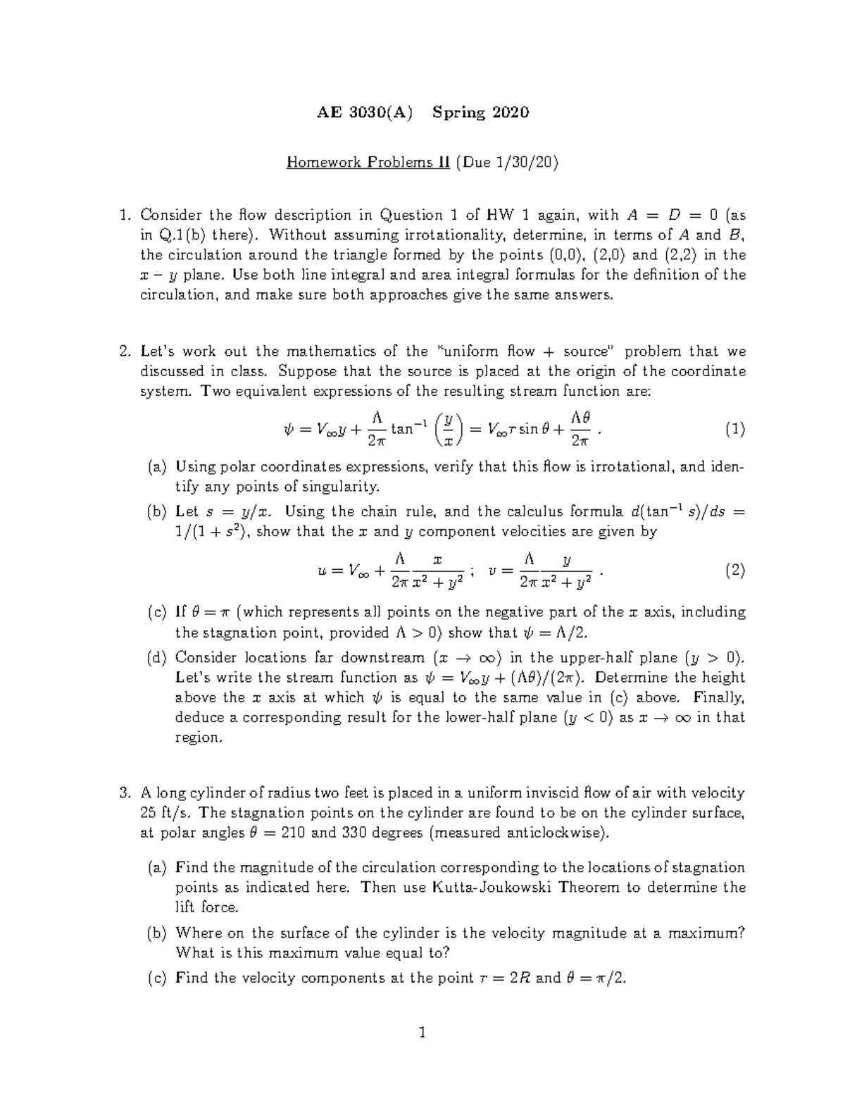 Homework 2 - AE 3030(A) Spring 2020 Homework Problems II (Due 1/30/20 ...