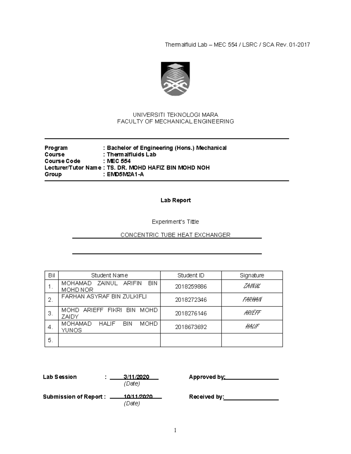 HEAT Exchanger - lab report - Thermalfluid Lab – MEC 554 / LSRC / SCA ...