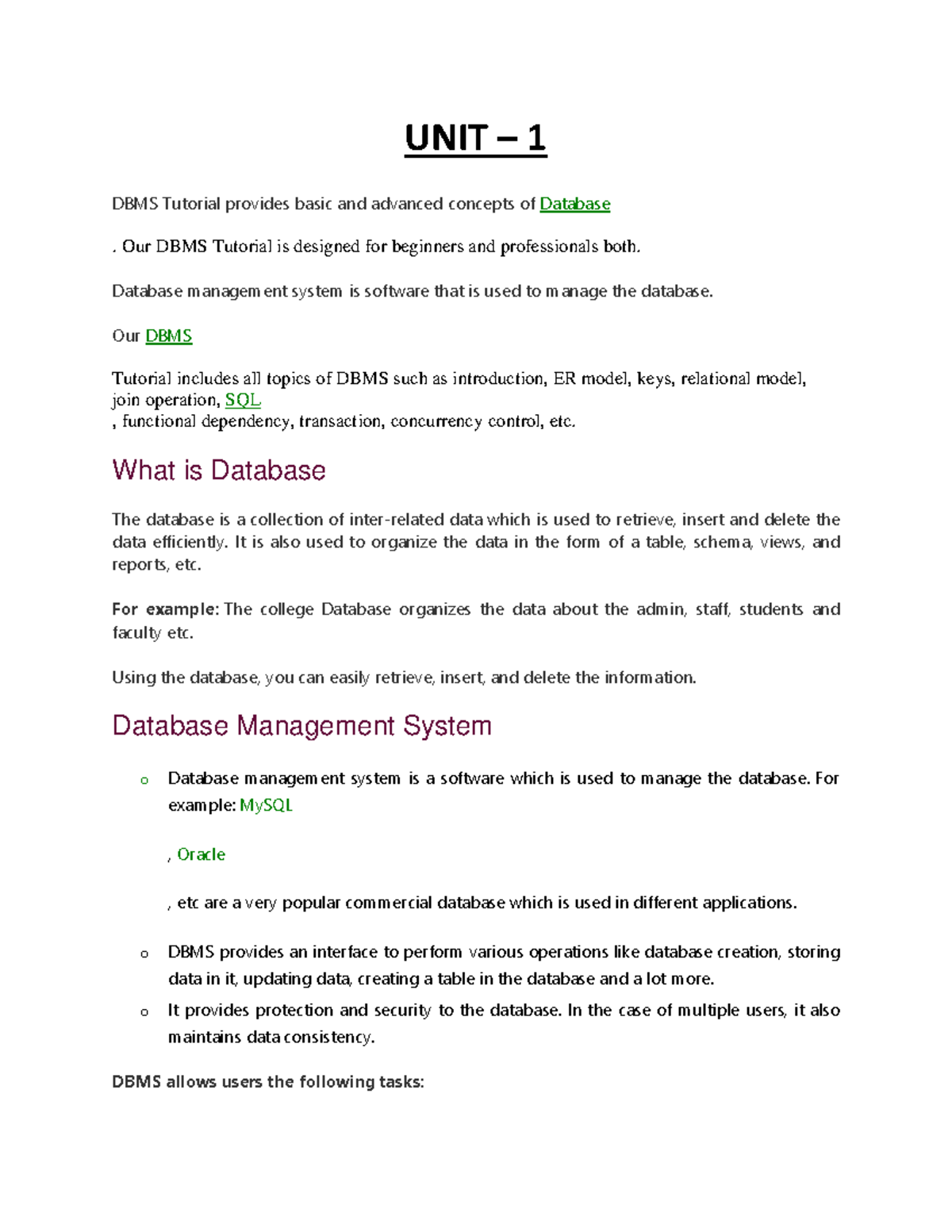 UNIT - 1 BCA III SEM - Would help in studies - UNIT – 1 DBMS Tutorial provides basic and ...