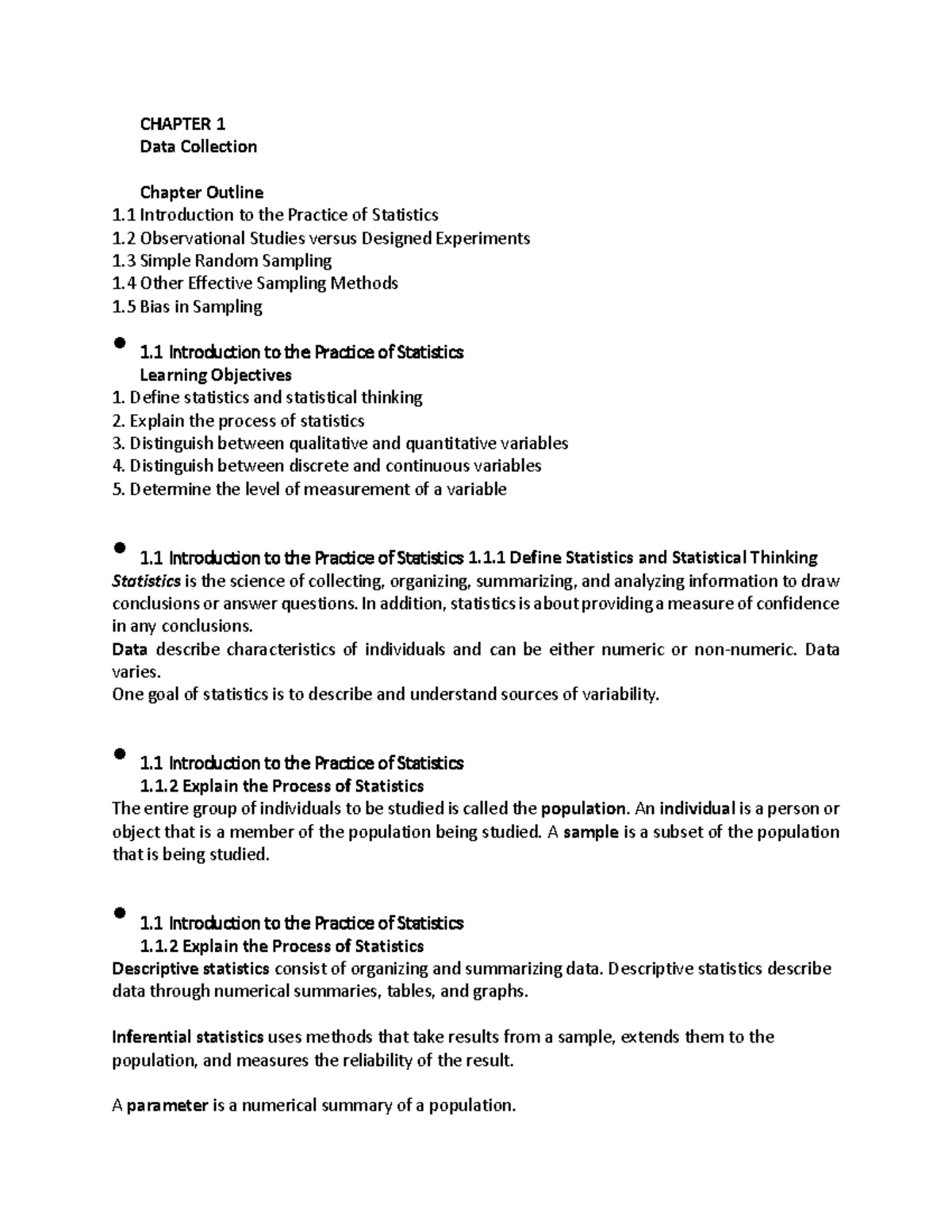 Stats 282 ch 1 data collection - CHAPTER 1 Data Collection Chapter Outline 1 Introduction to the ...