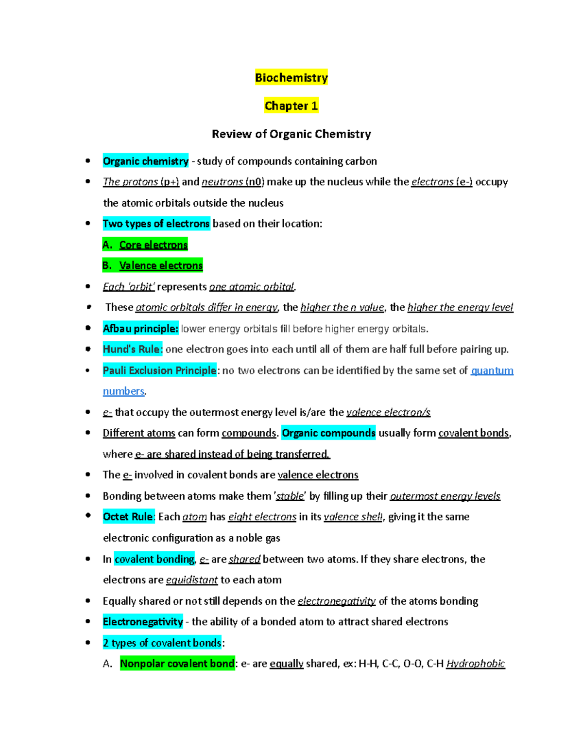 Biochemistry Chapters Summary 1 - Biochemistry Chapter 1 Review of ...