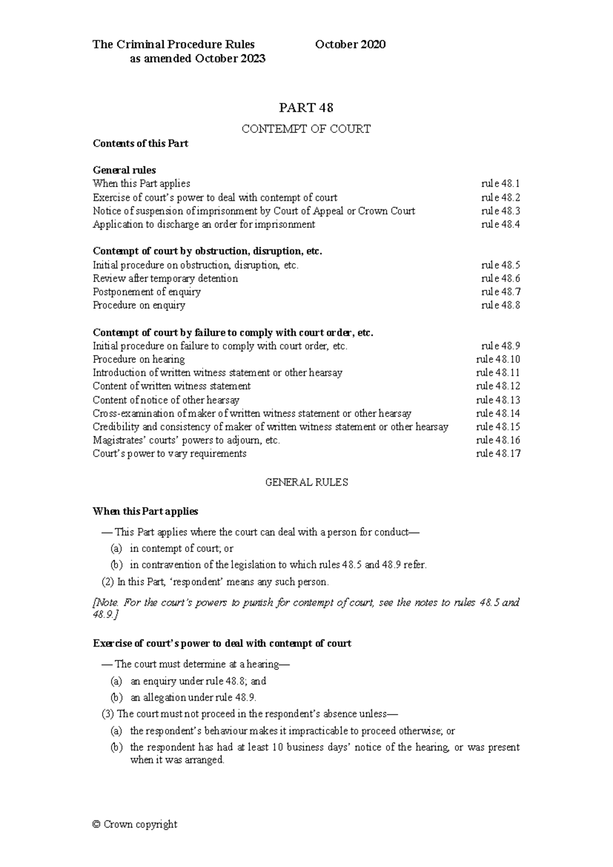 Criminal procedures - Exercise of court’s power to deal with contempt ...