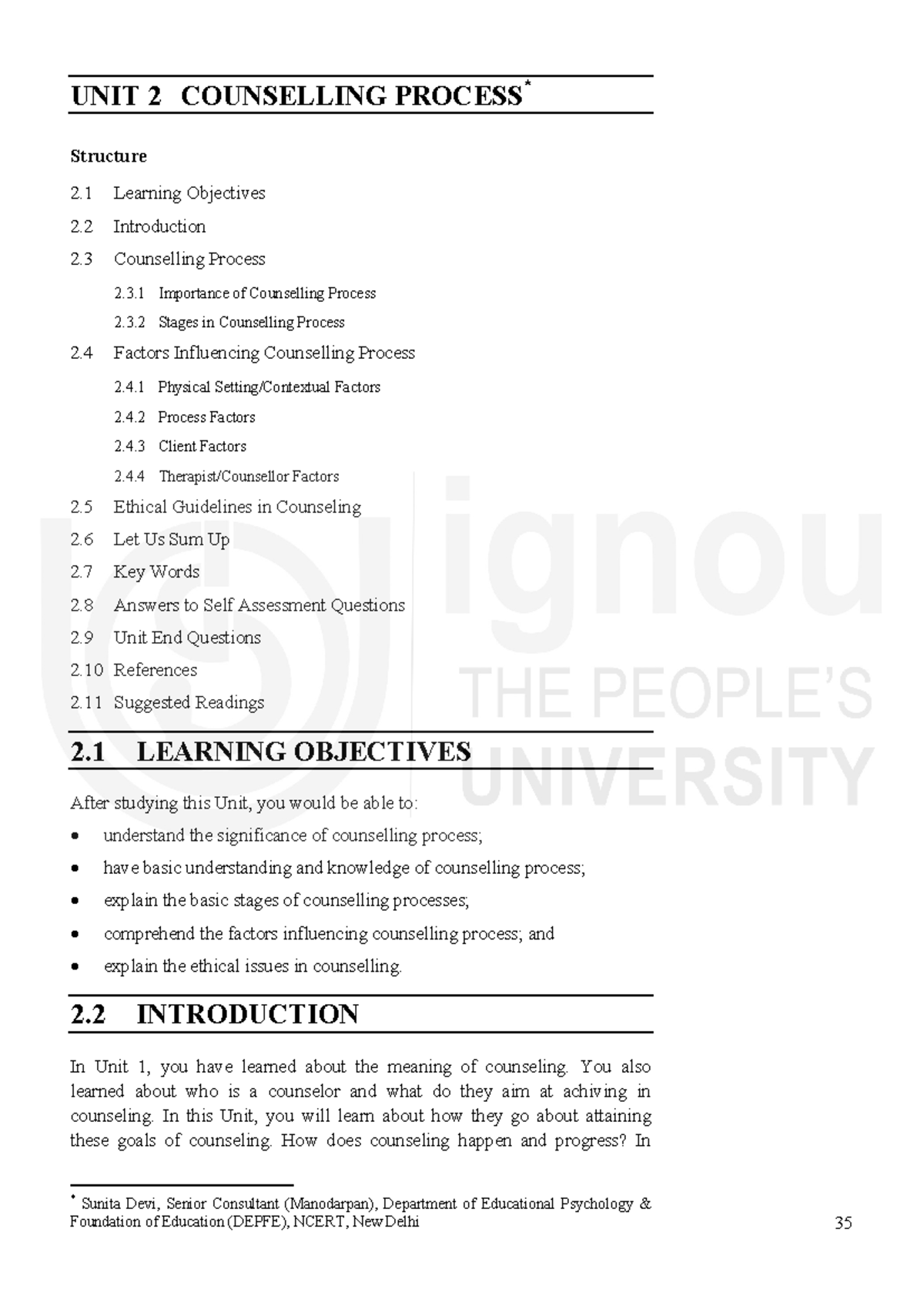 Unit-2 - Counselling Process UNIT 2 COUNSELLING PROCESS * Structure 2 Learning Objectives 2 ...