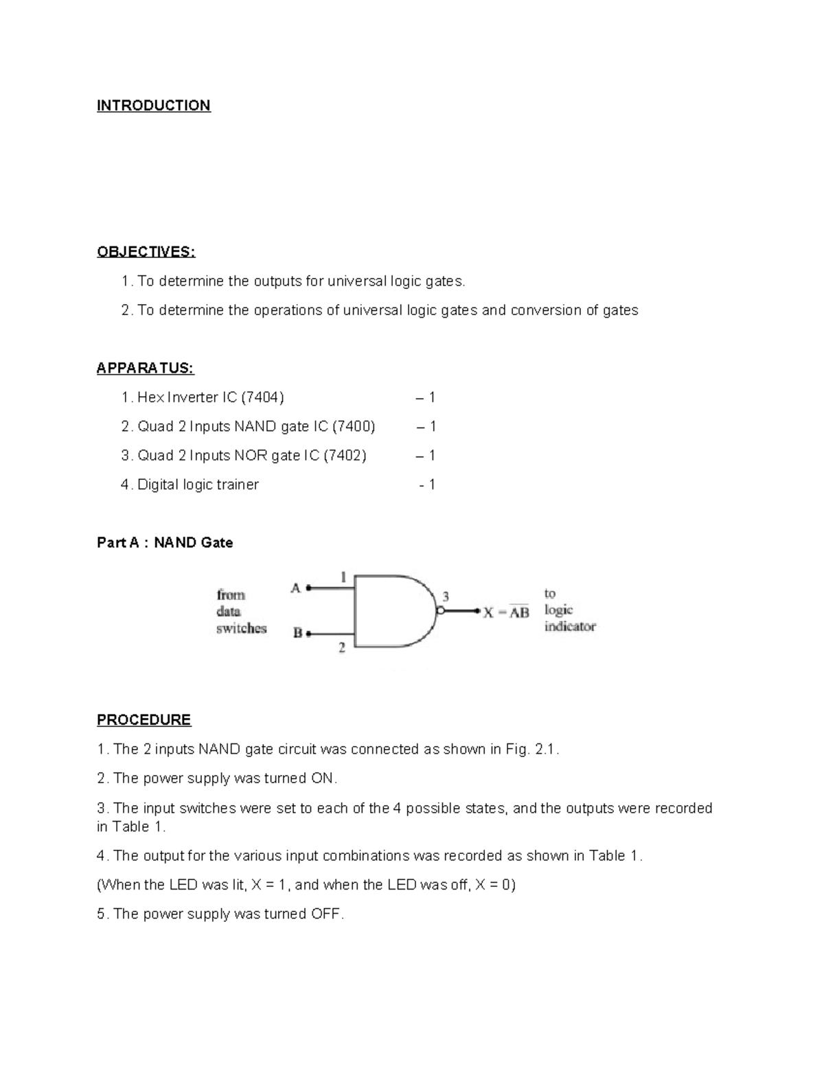 Lab Report Phy 340 Introduction Objectives To Determine The Outputs For Universal Logic Gates 8849
