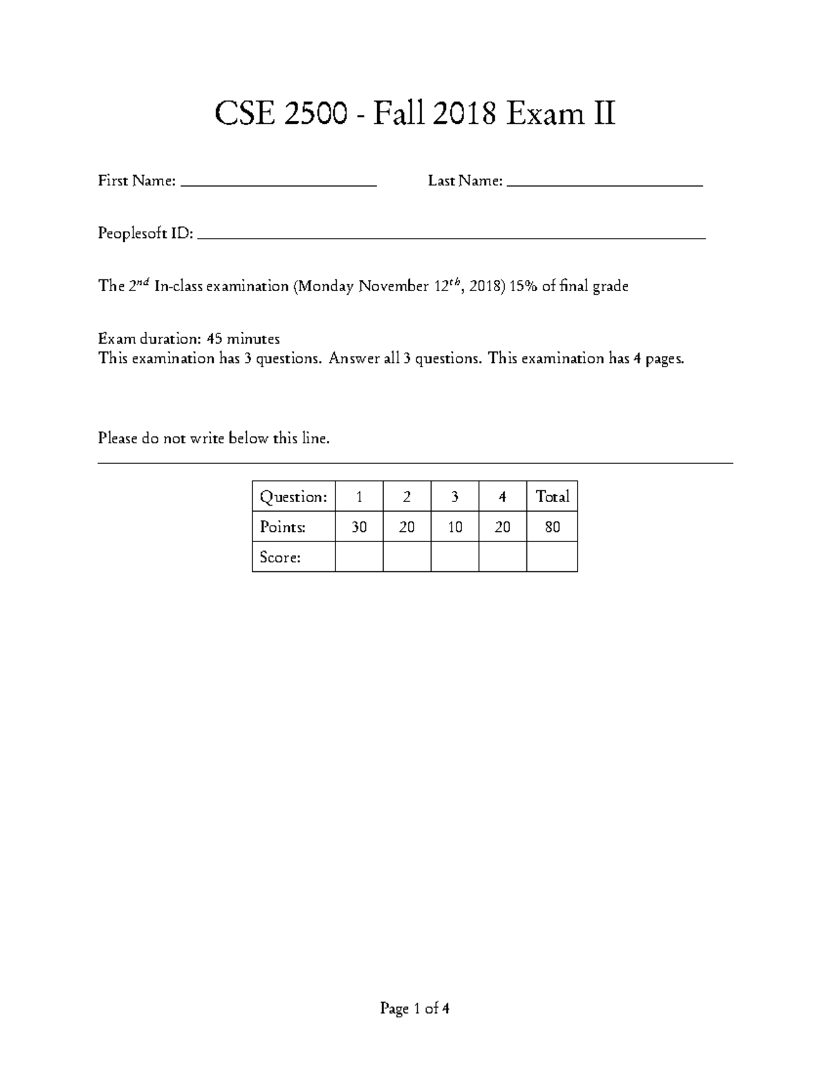CSE 2500 Exam 2 - Exam 2 sample problems and solutions - CSE 2500 - Fall 2018 Exam II First Name ...