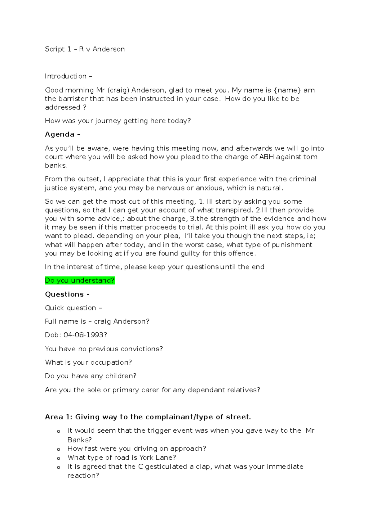 Script 1 - Script 1 – R v Anderson Introduction – Good morning Mr ...