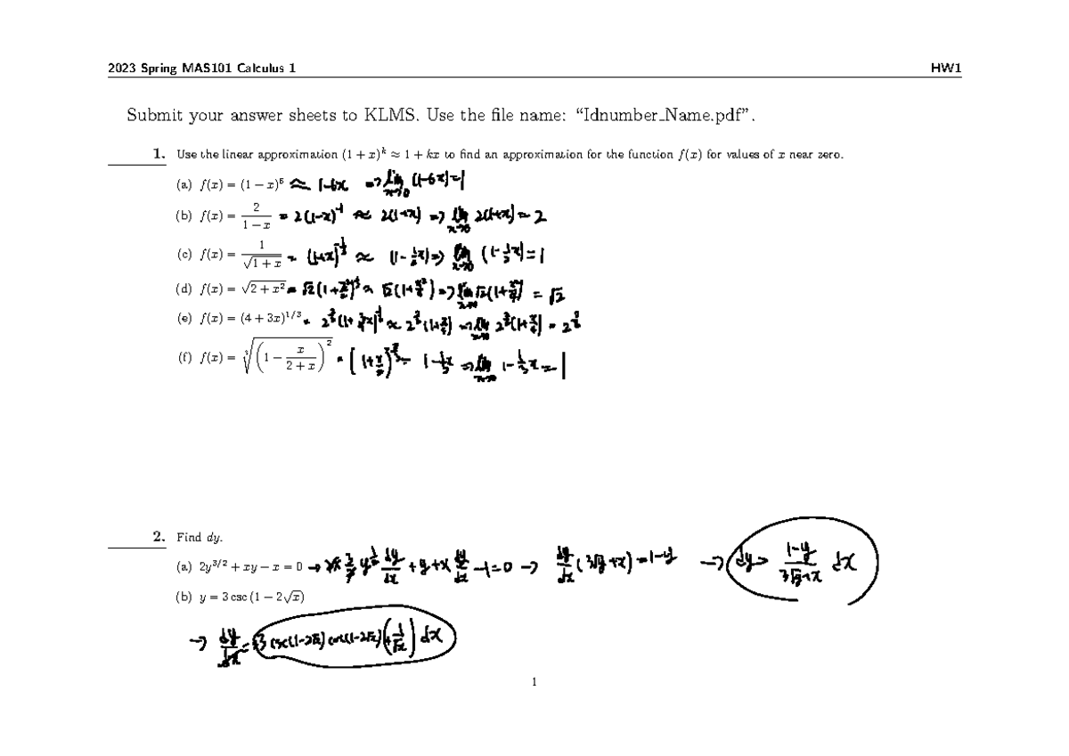 2023S MAS101 HW3 - Submit your answer sheets to KLMS. Use the file name: “Idnumber Name”. 1. Use ...