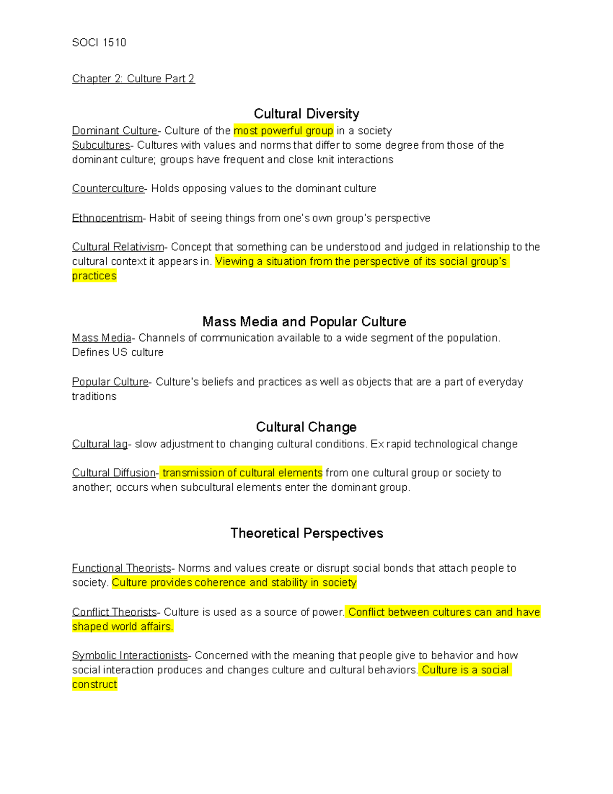 Chapter 2 Culture Part 2 - SOCI 1510 Chapter 2: Culture Part 2 Cultural ...