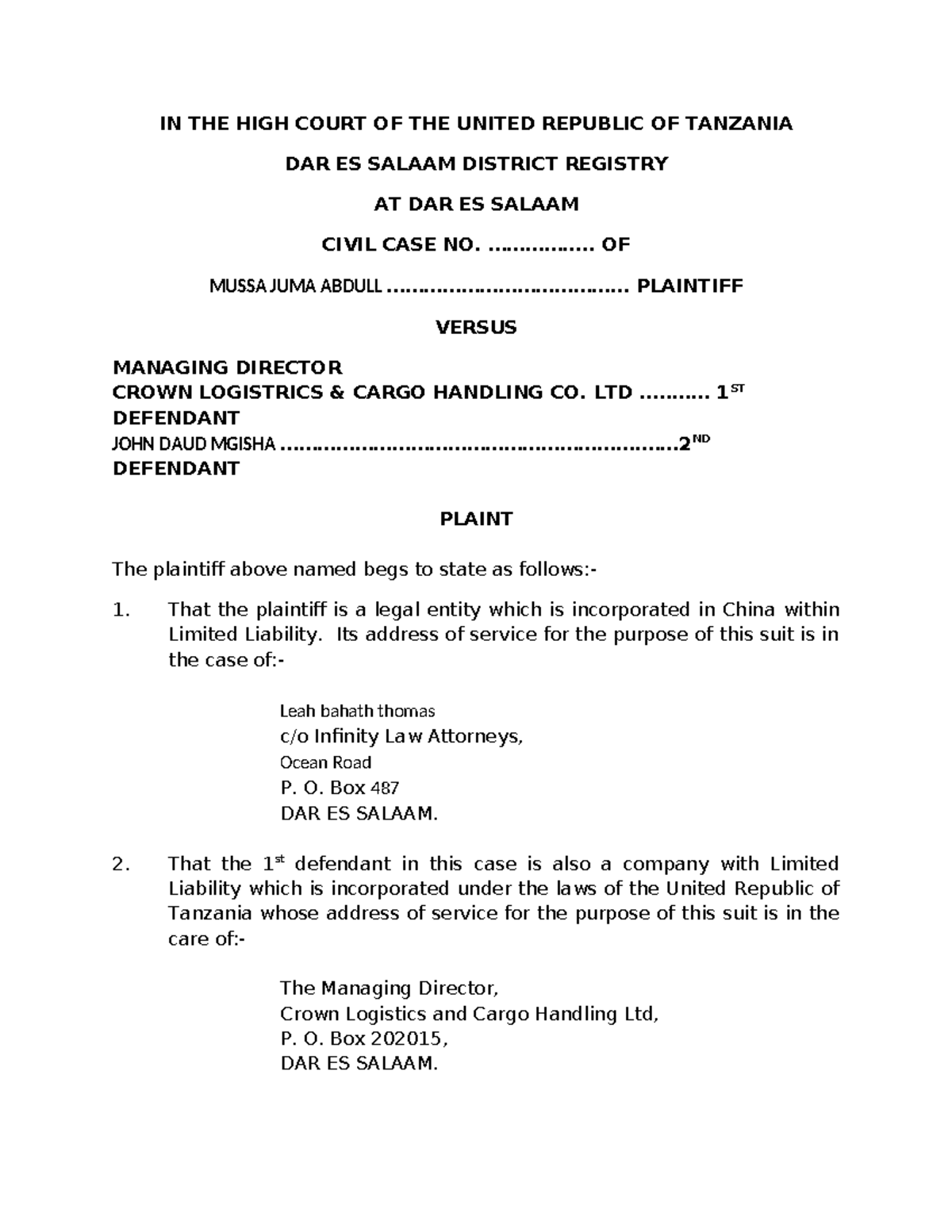 Plaint sample - Studying materials - IN THE HIGH COURT OF THE UNITED ...