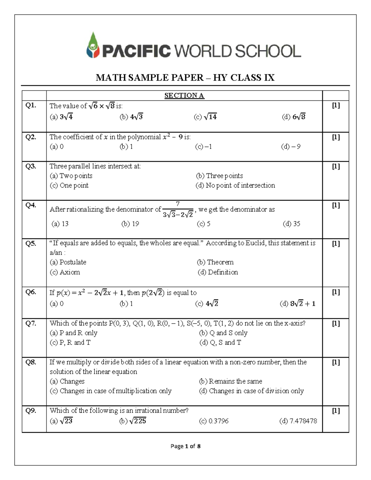 MATH Class IX Sample Paper 2 - MATH SAMPLE PAPER – HY CLASS IX SECTION ...